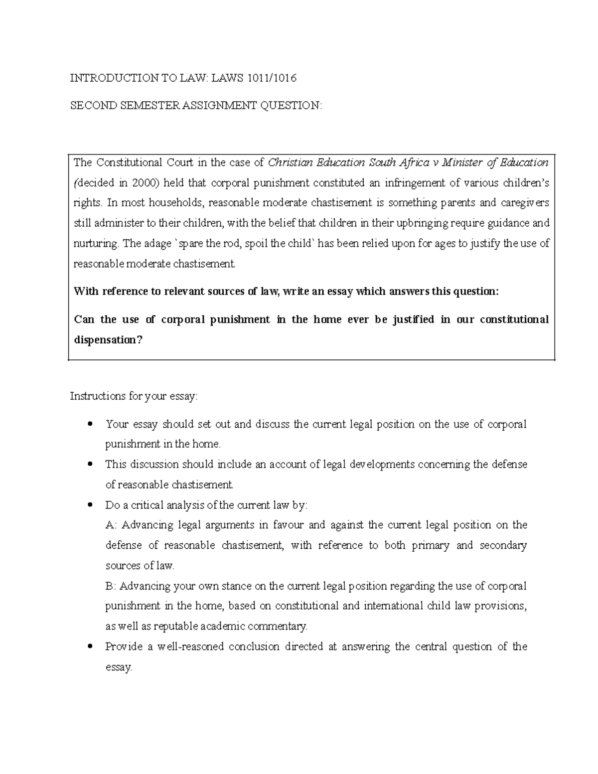Intro TO LAW Essay Question AND Instructions 2023 final - Copy ...