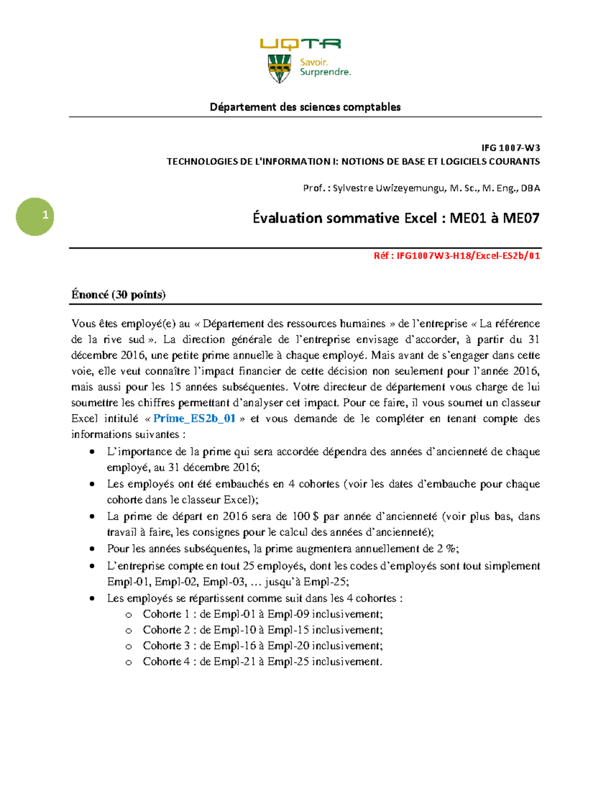 IFG1007-Évaluation Sommative 2b Excel Énoncé 01 - 1 IFG 1007-W ...