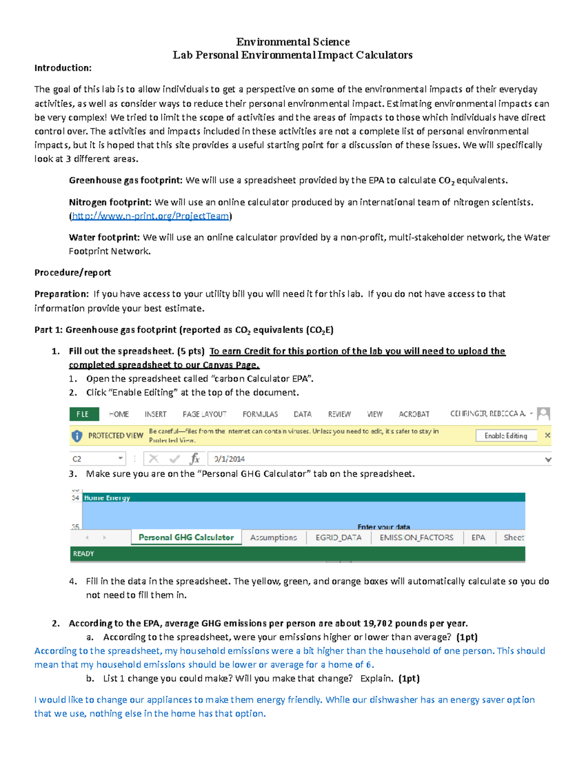 Personal Impacts Lab - Answers for a lab done in environmental science ...