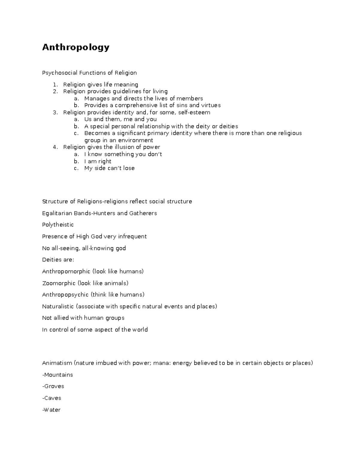 Anthropology Notes - Anthropology Psychosocial Functions of Religion 1 ...