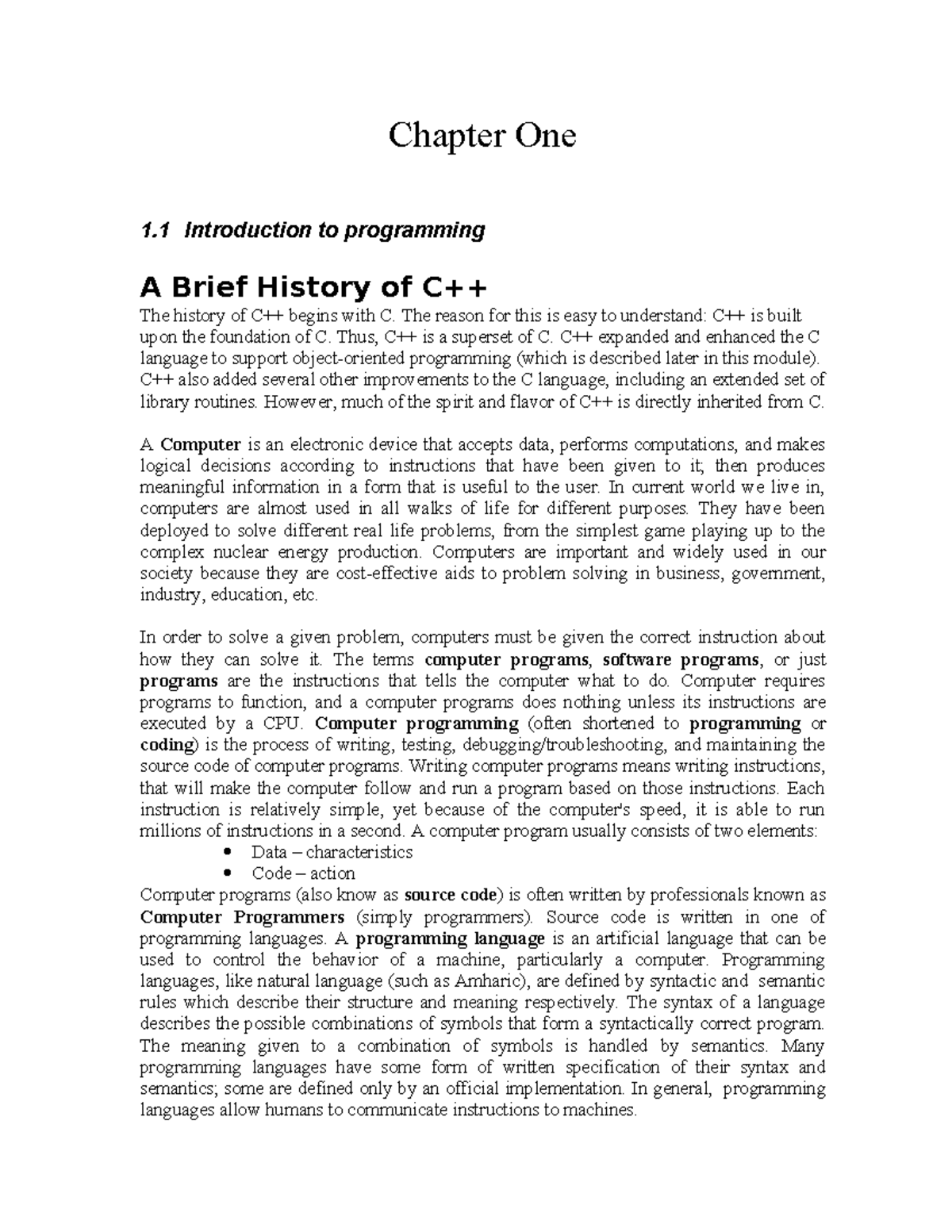Chapter 1 - Computer programming - Chapter One 1 Introduction to programming A Brief History of ...