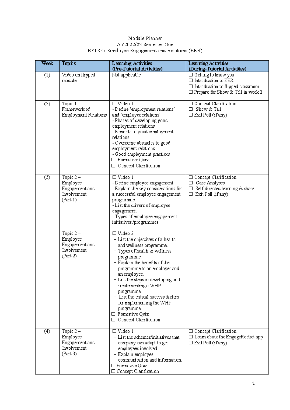 EER Module Planner - Copy - Module Planner AY2022/23 Semester One ...