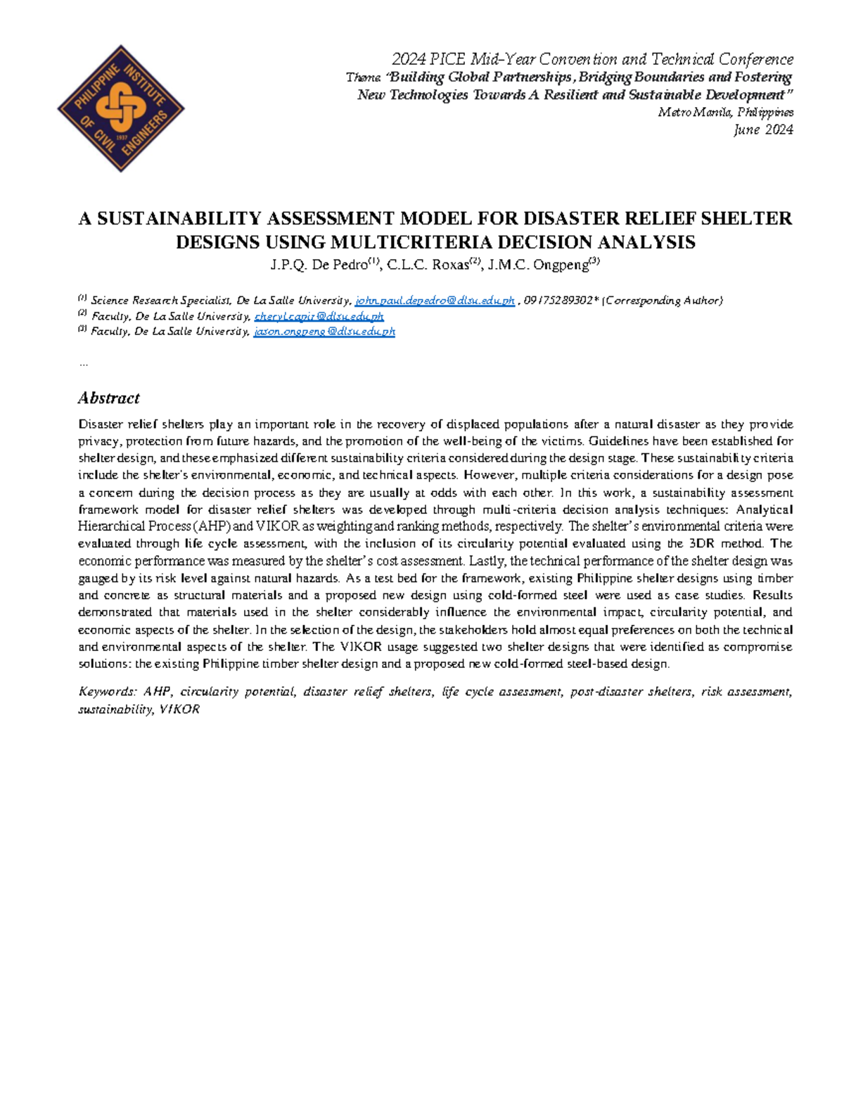 A Sustainability Assessment Model for Disaster Relief Shelters using ...