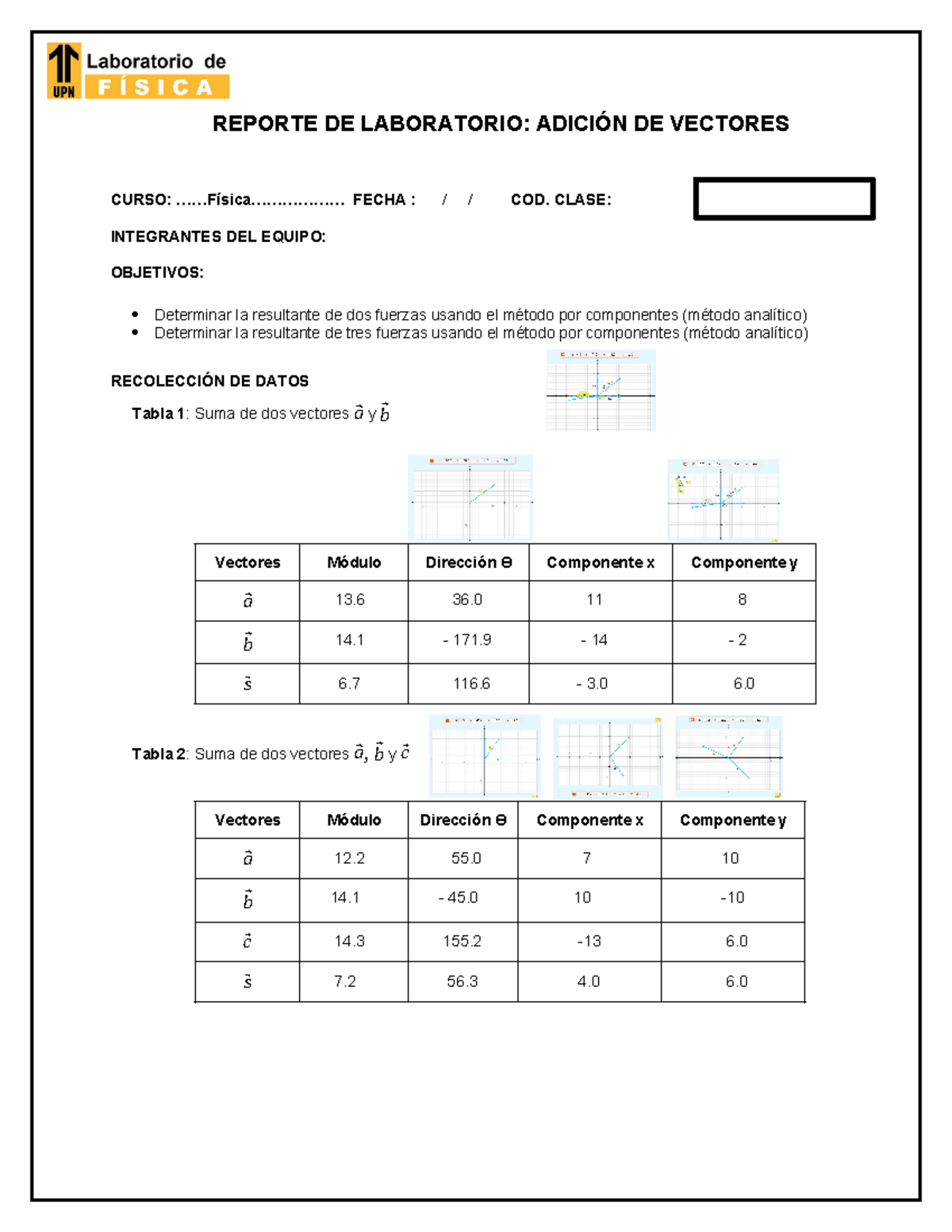 Reporte LAB Fisiarq S02 AV 2024 - REPORTE DE LABORATORIO: ADICIÓN DE VECTORES CURSO: - Studocu