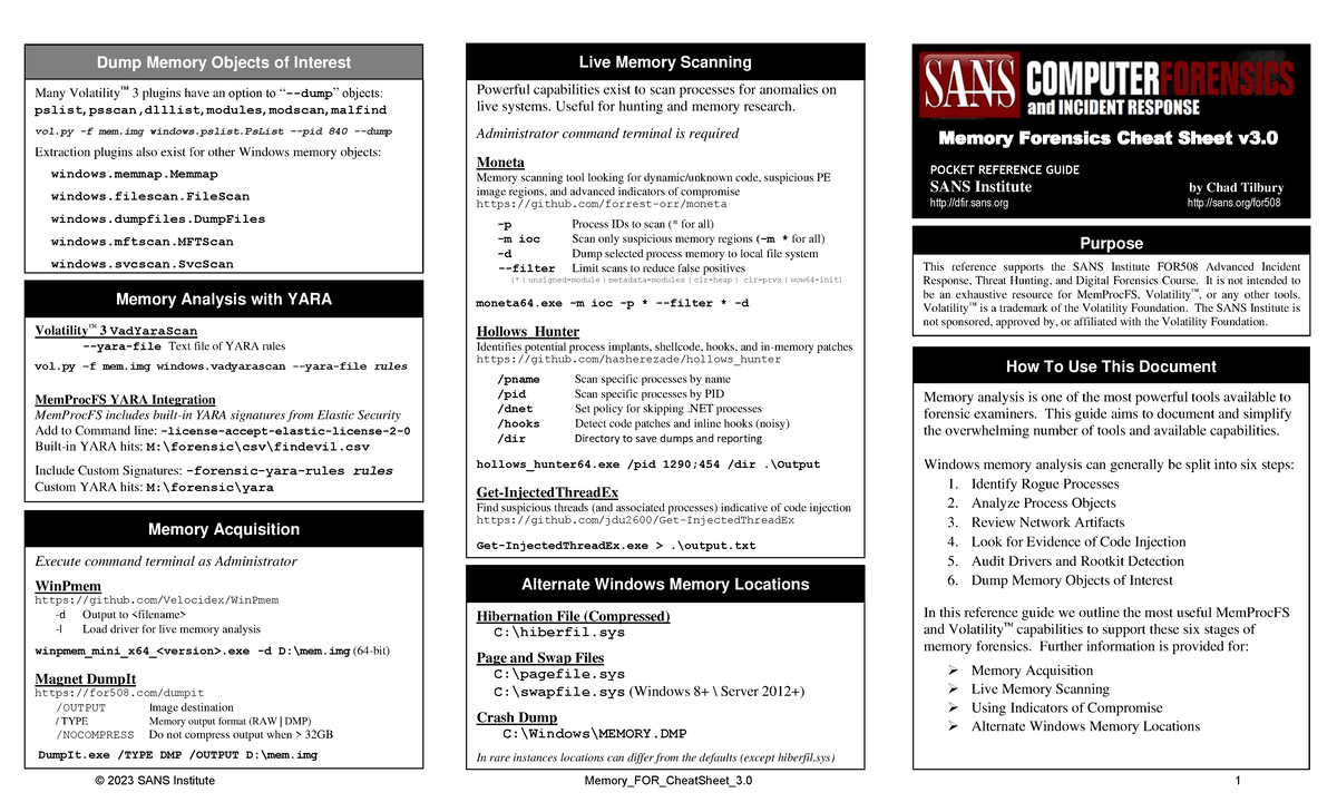 SANS Memory Forensics Cheat Sheet 3 - How To Use This Document Memory ...