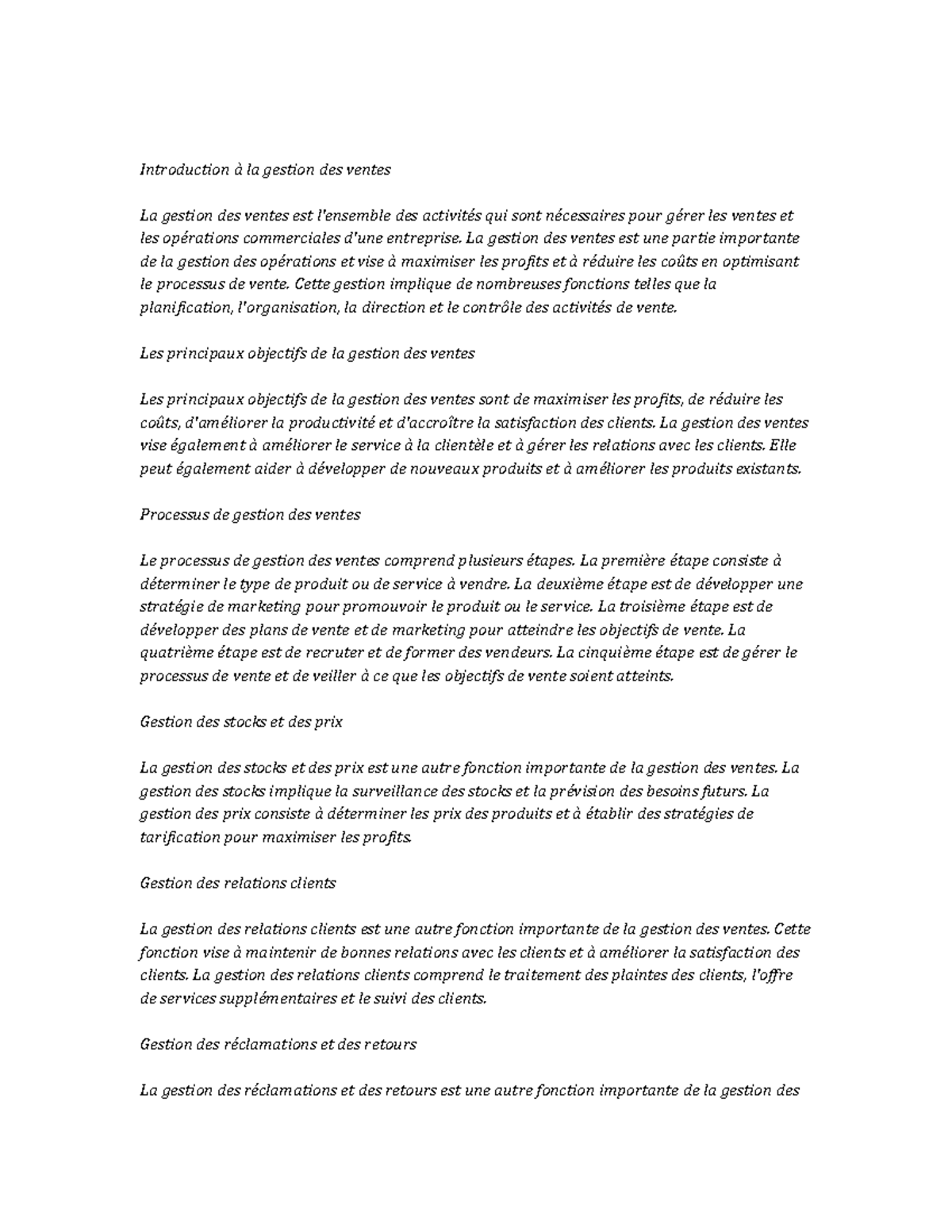 Sales Management Study Notes - Introduction à la gestion des ventes La ...