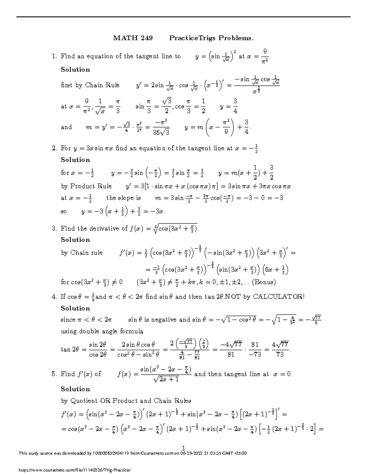 Trig Practice - MATH 249 PracticeTrigs Problems. Find an equation of ...