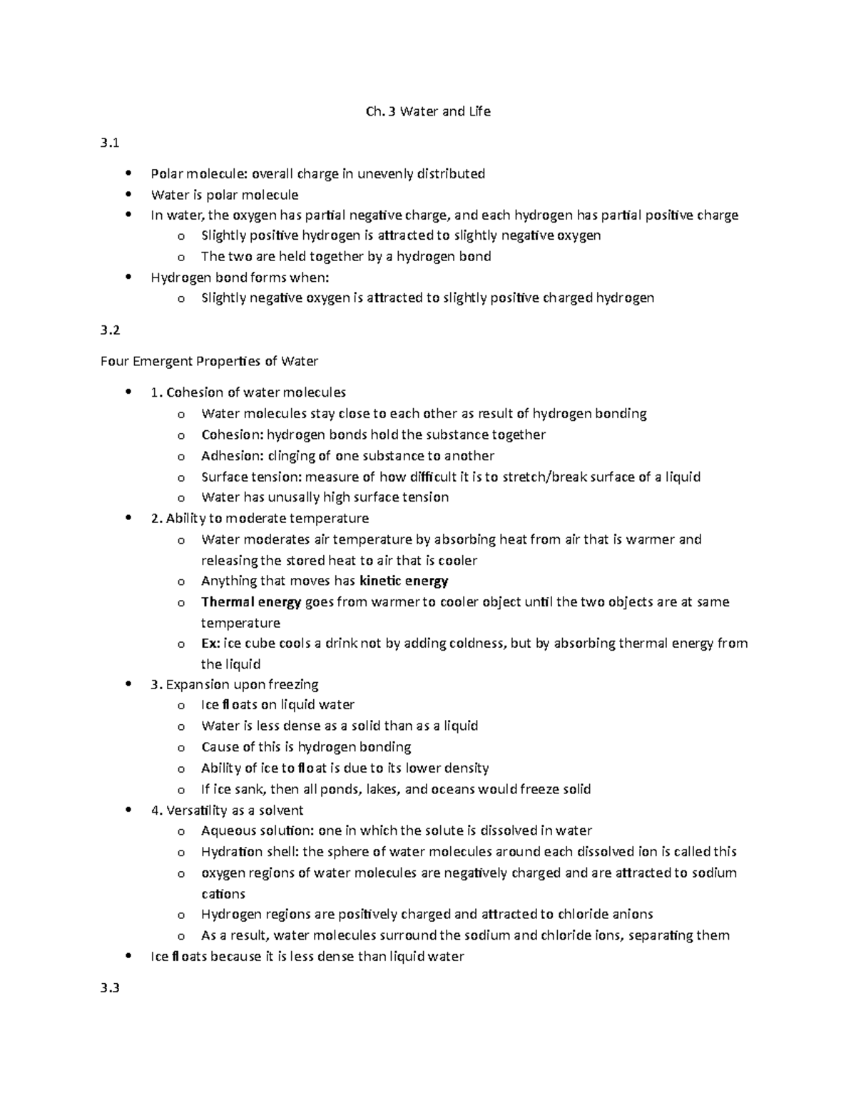 Ch. 3 Self Notes - Ch. 3 Water and Life Polar molecule: overall charge ...