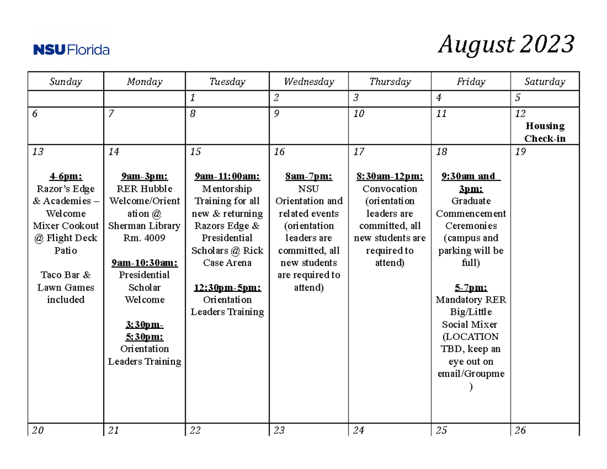 Final August 2023 Premier Programs and Orientation Training schedules - August 2023 Sunday ...