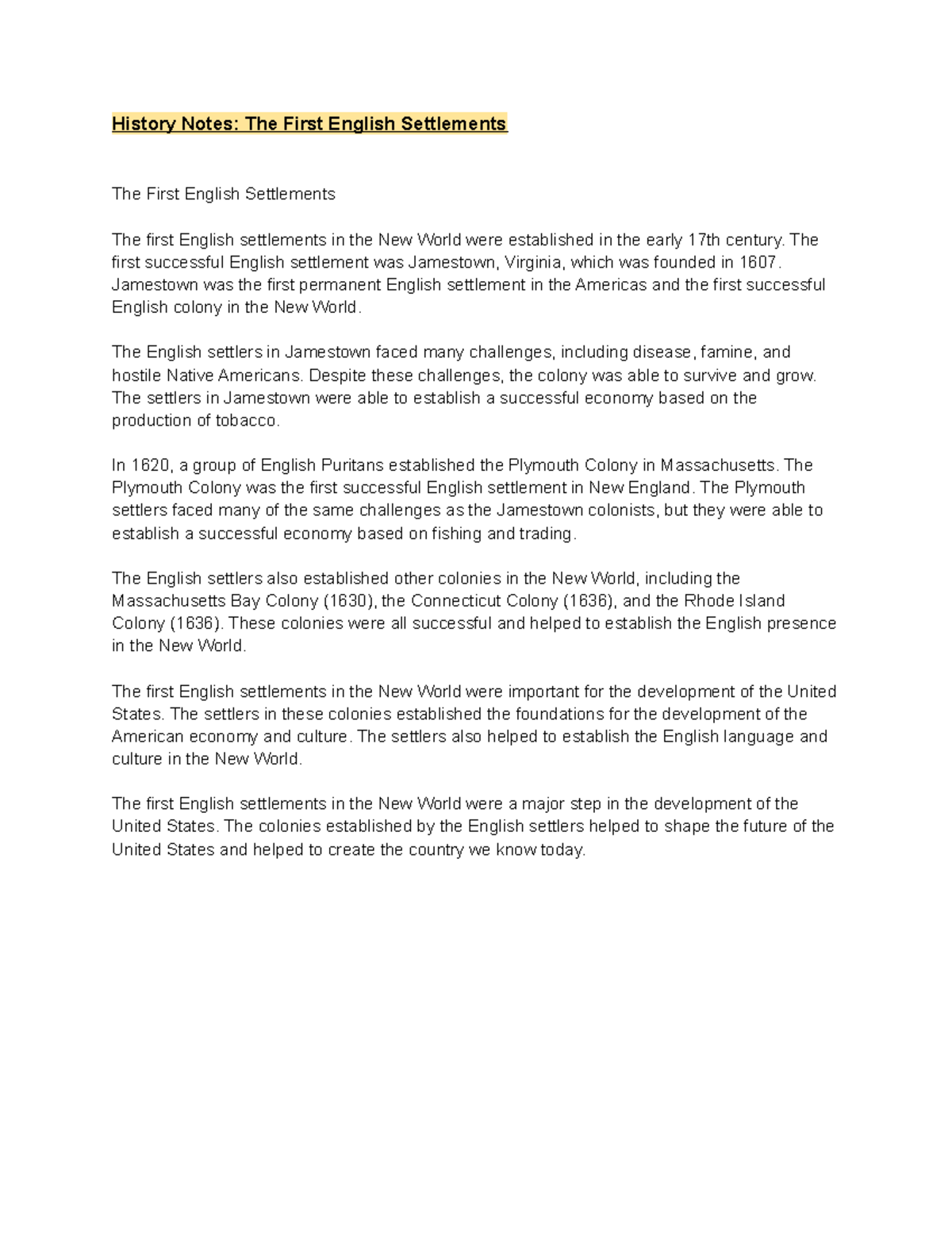 History AP - History Notes: The First English Settlements The First ...