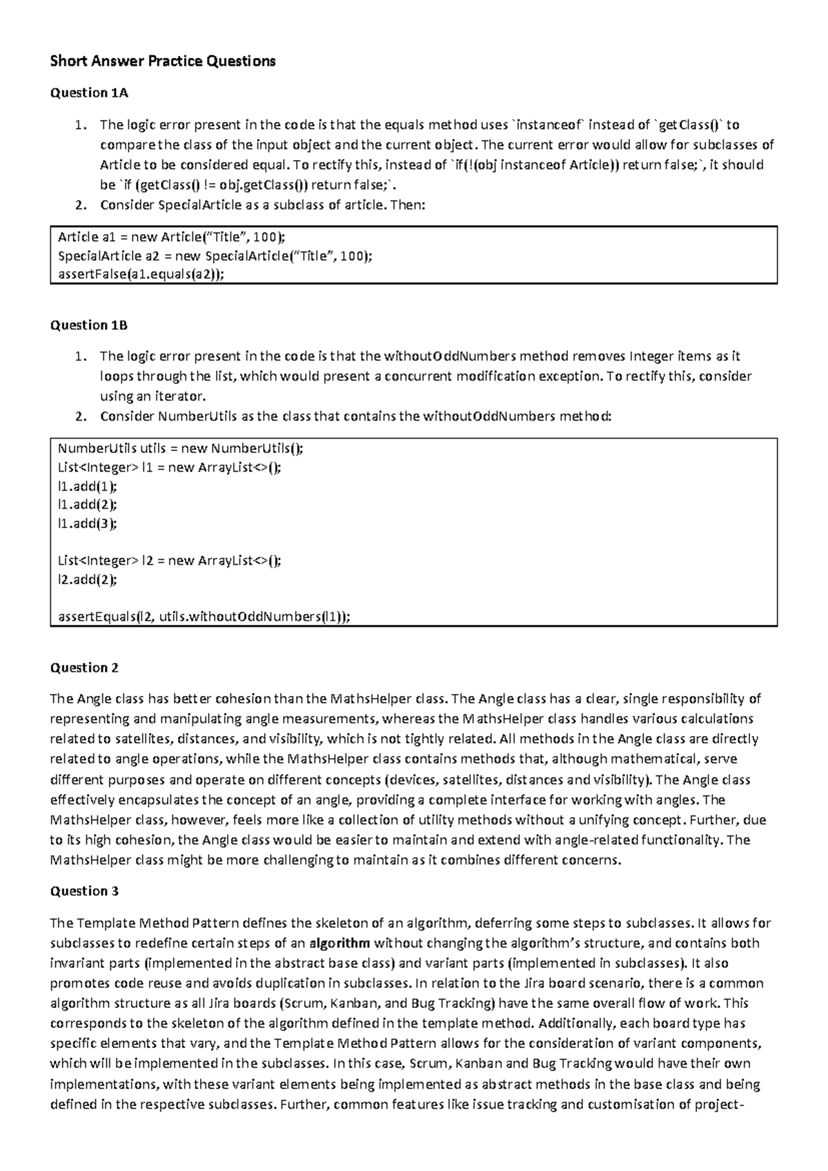 COMP2511 Short Answer Practice Questions - Short Answer Practice Questions Question 1A 1. The ...