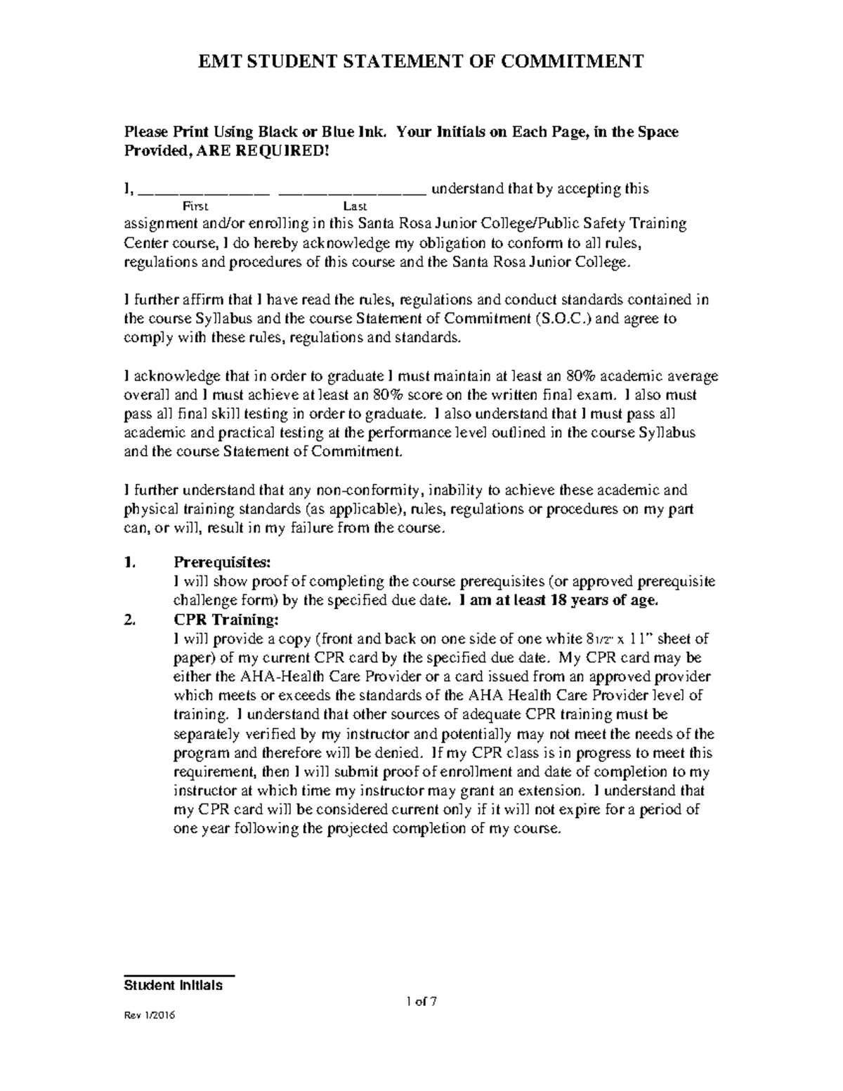 EMT SOC 1-2016 - Commitment Letter - ____________ Student Initials 1 of ...