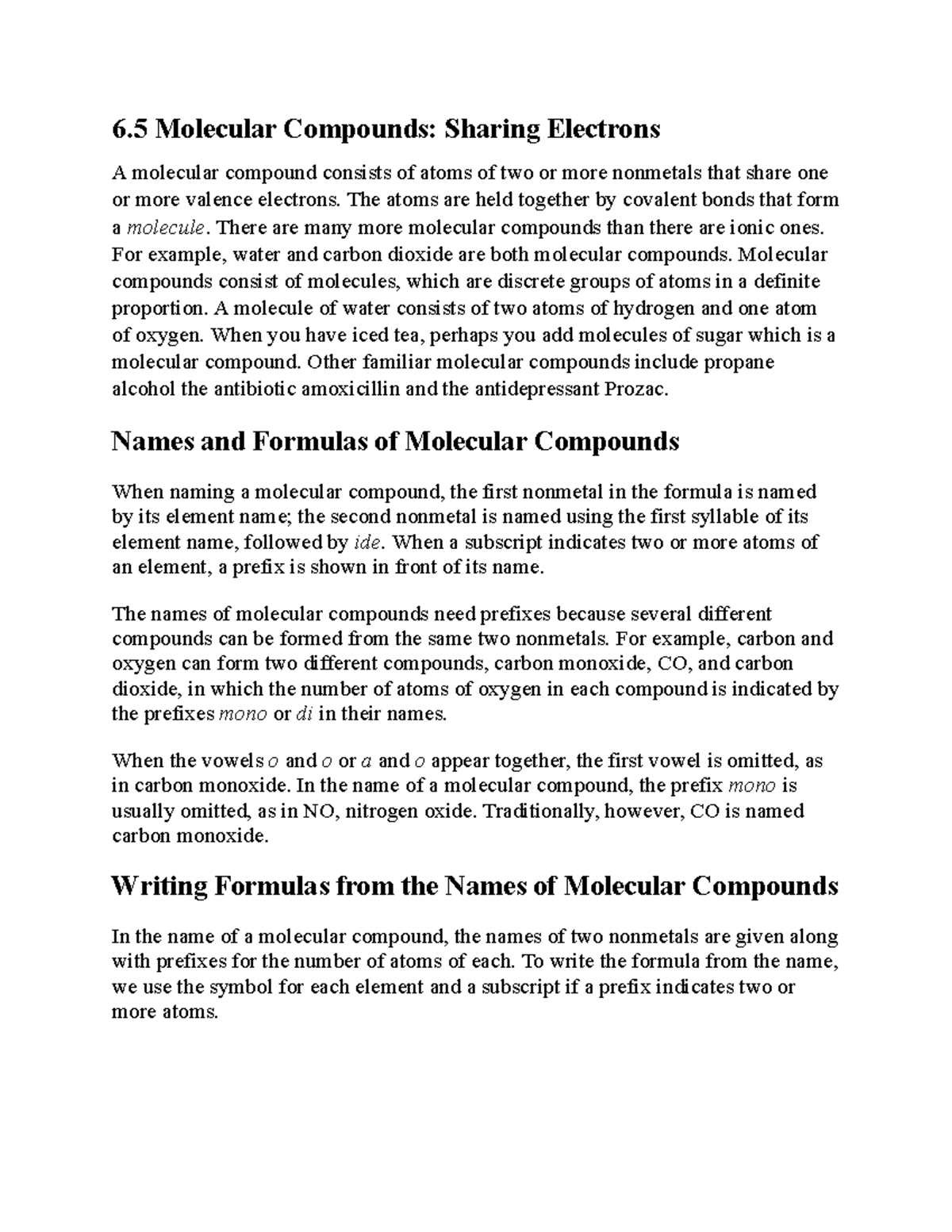 Chemistry ch6 notes - 6 Molecular Compounds: Sharing Electrons A ...