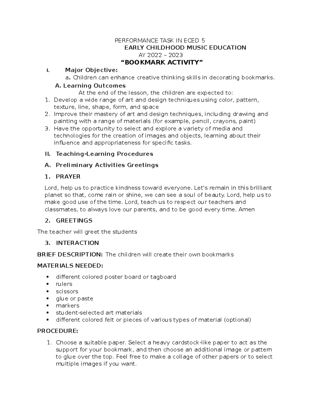 Activity Performance TASK IN ECED 1 - PERFORMANCE TASK IN ECED 5 EARLY ...