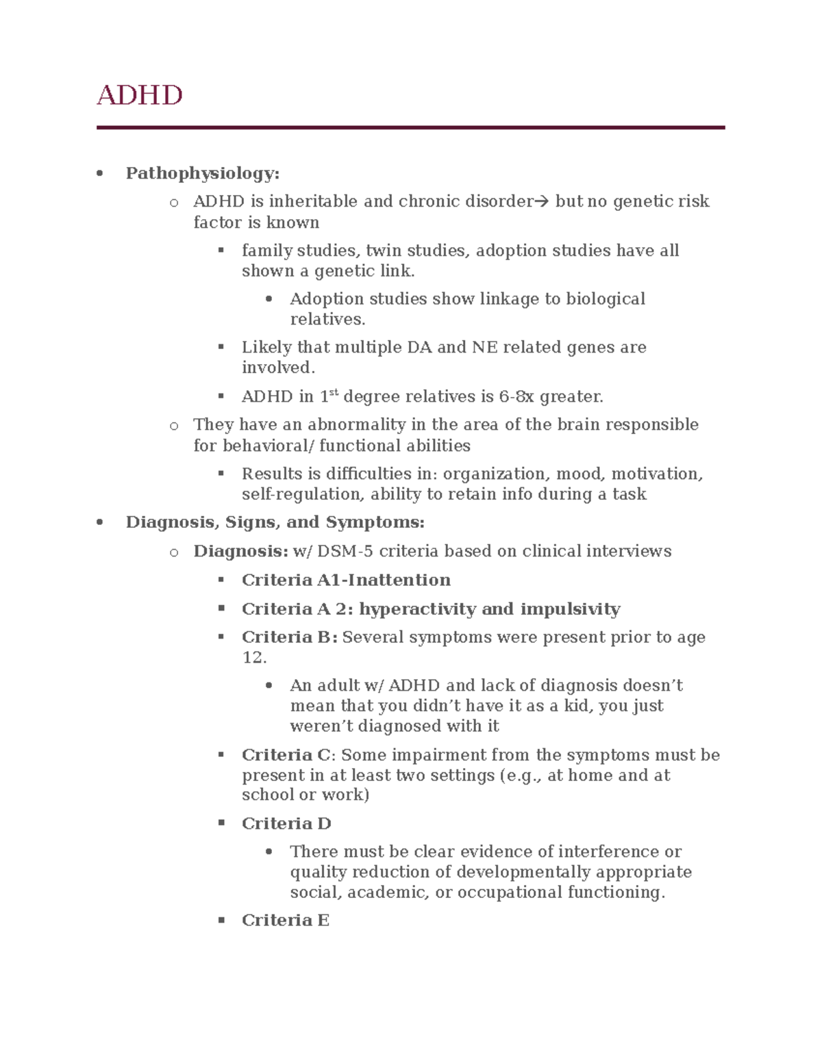 ADHD Thera - ADHD Pathophysiology: o ADHD is inheritable and chronic ...