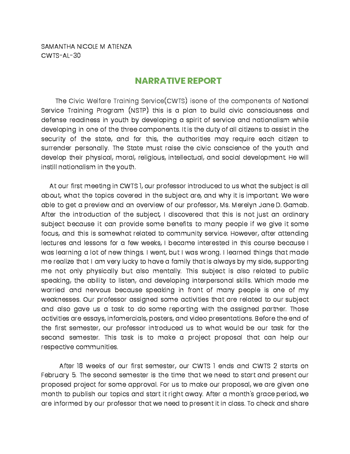 Narrative Report (CWTS) - SAMANTHA NICOLE M ATIENZA CWTS-AL- NARRATIVE ...