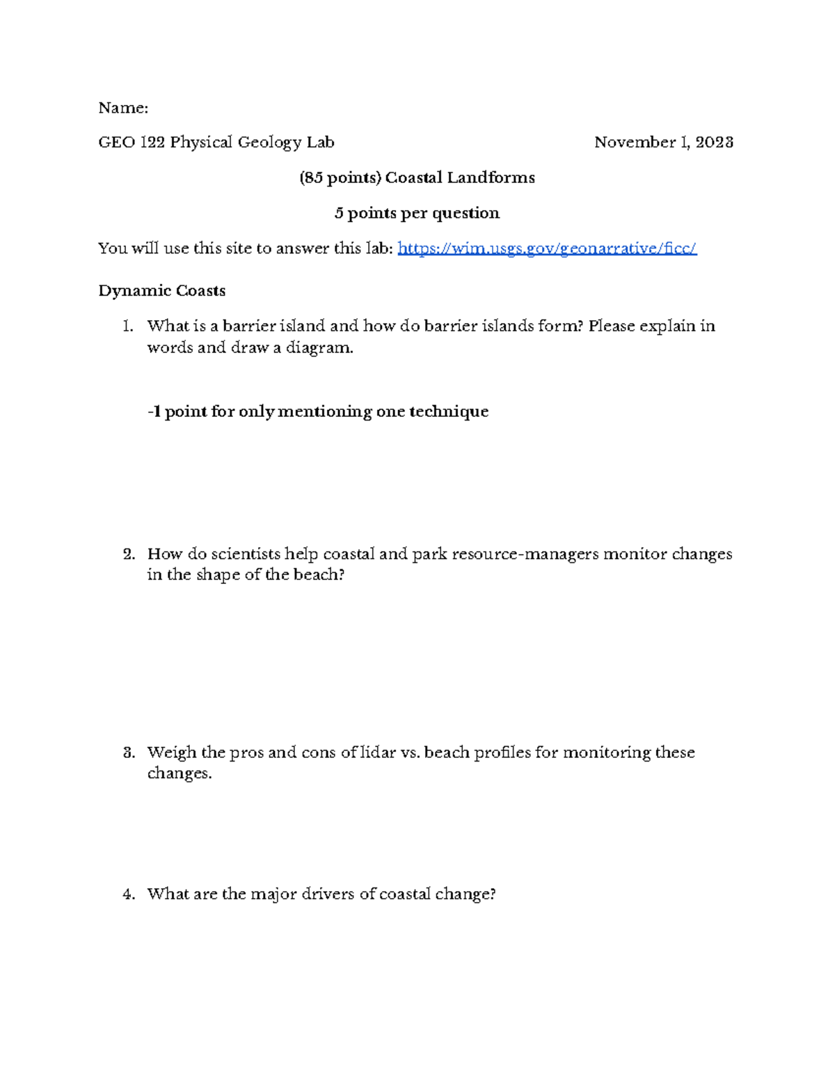 F23 Coastal Landforms - Name: GEO 122 Physical Geology Lab November 1 ...