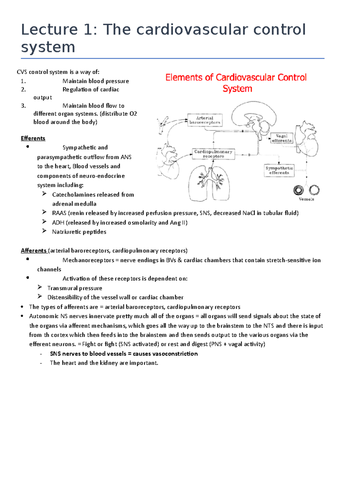 Lecture 1- The cardiovascular control system - Lecture 1: The ...