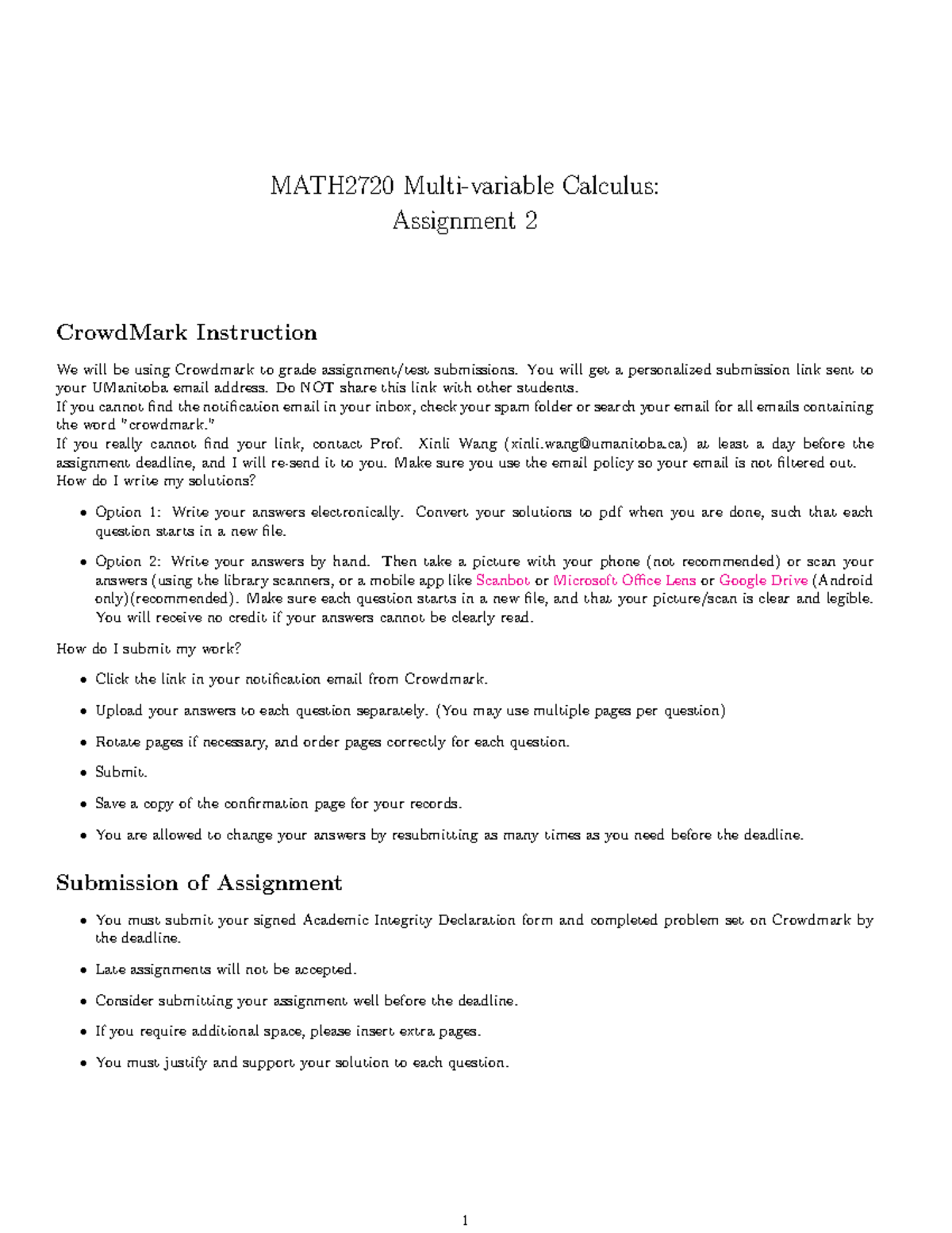 MATH2720 A2 - assignment 2 - MATH2720 Multi-variable Calculus: Assignment 2 CrowdMark ...