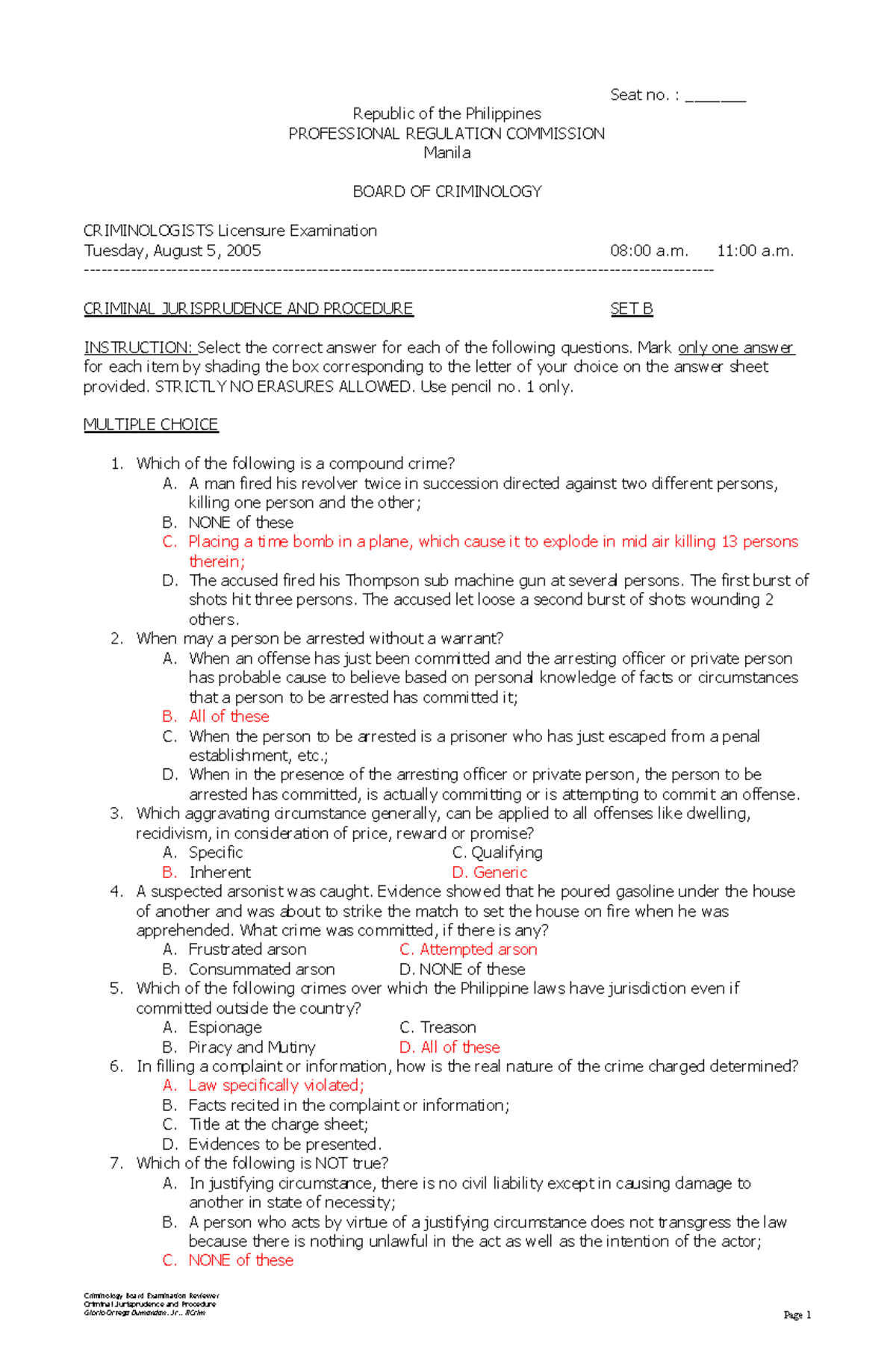 Criminology Board Examination Reviewer C - : _______ Republic of the ...