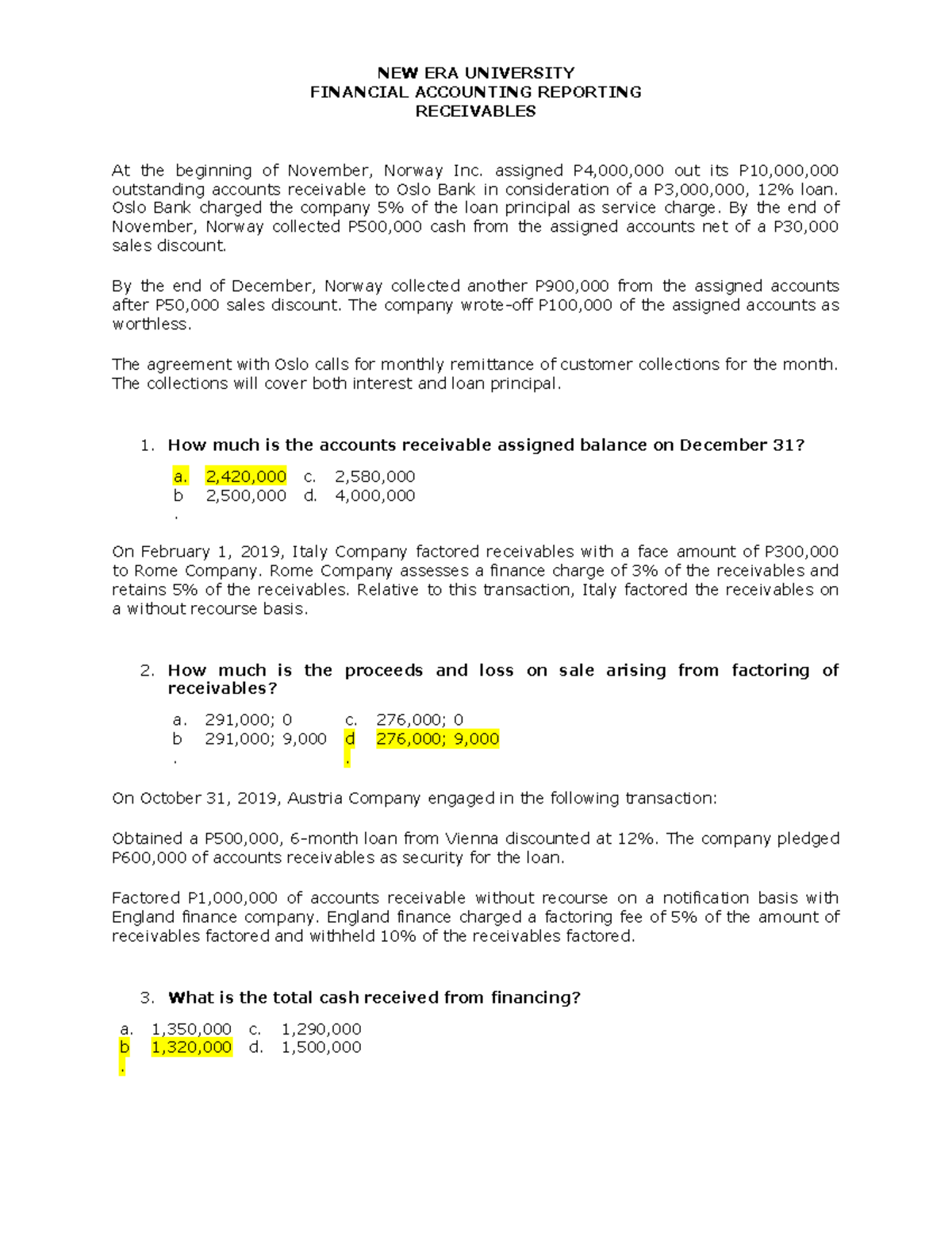 Receivables problems and answers - NEW ERA UNIVERSITY FINANCIAL ...