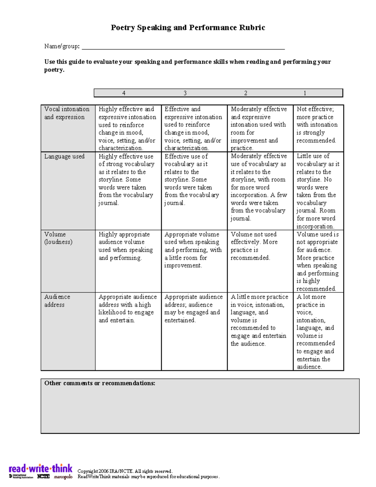 Poetry - Sample only - Poetry Speaking and Performance Rubric Name ...