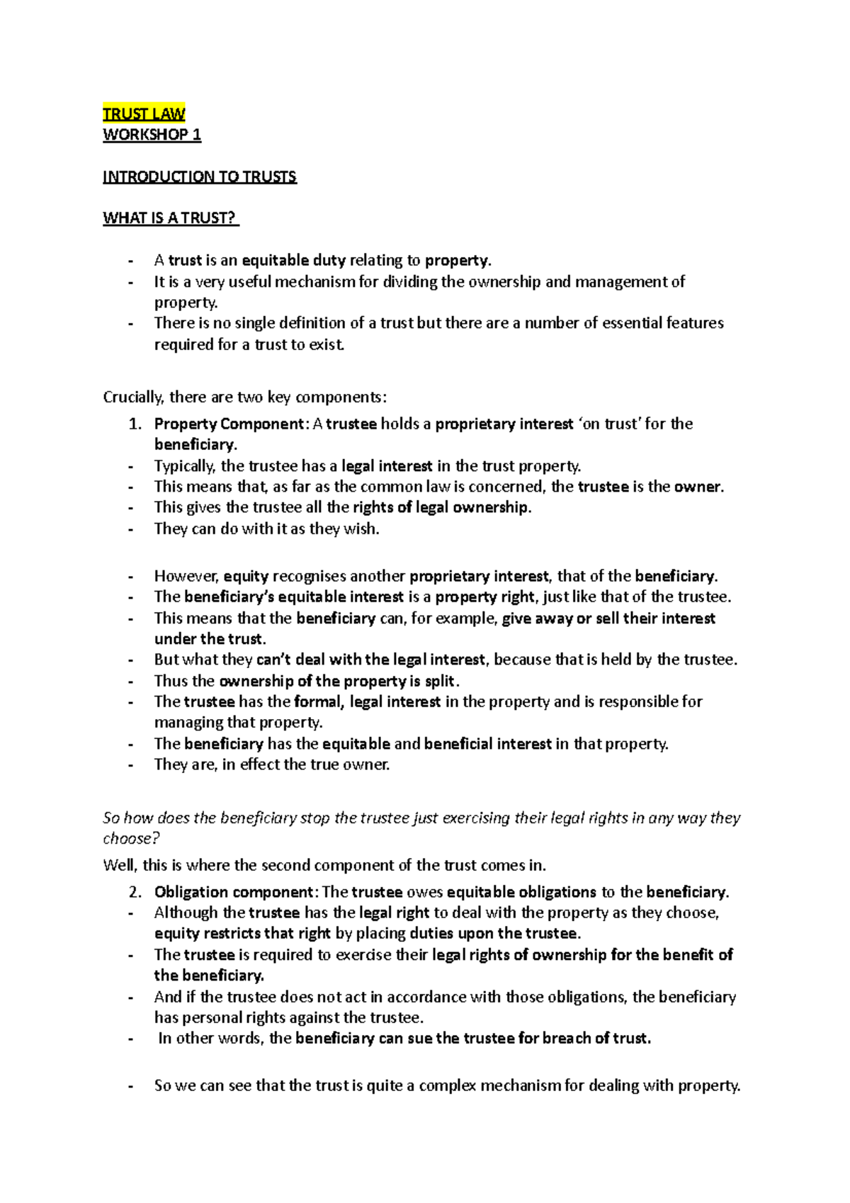 Introduction TO Trusts - TRUST LAW WORKSHOP 1 INTRODUCTION TO TRUSTS ...
