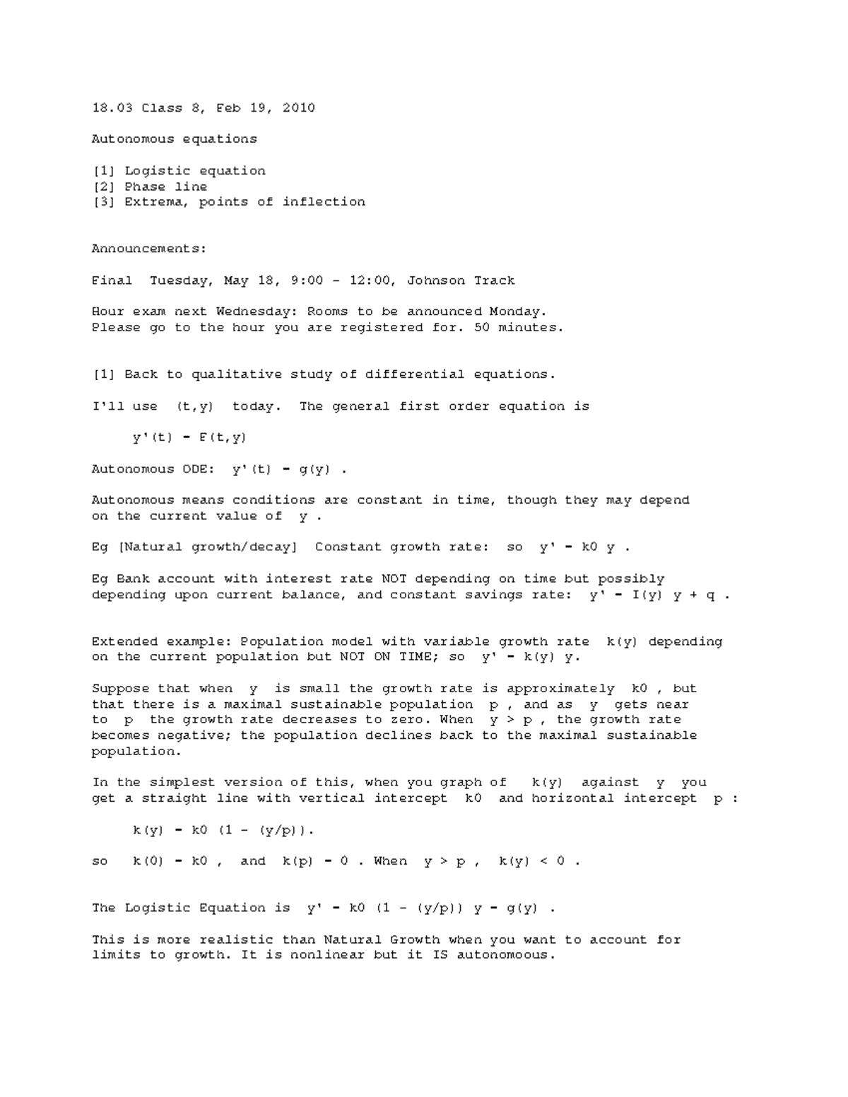 Autonomous equations; the phase line, stability c08 - 18 Class 8, Feb ...