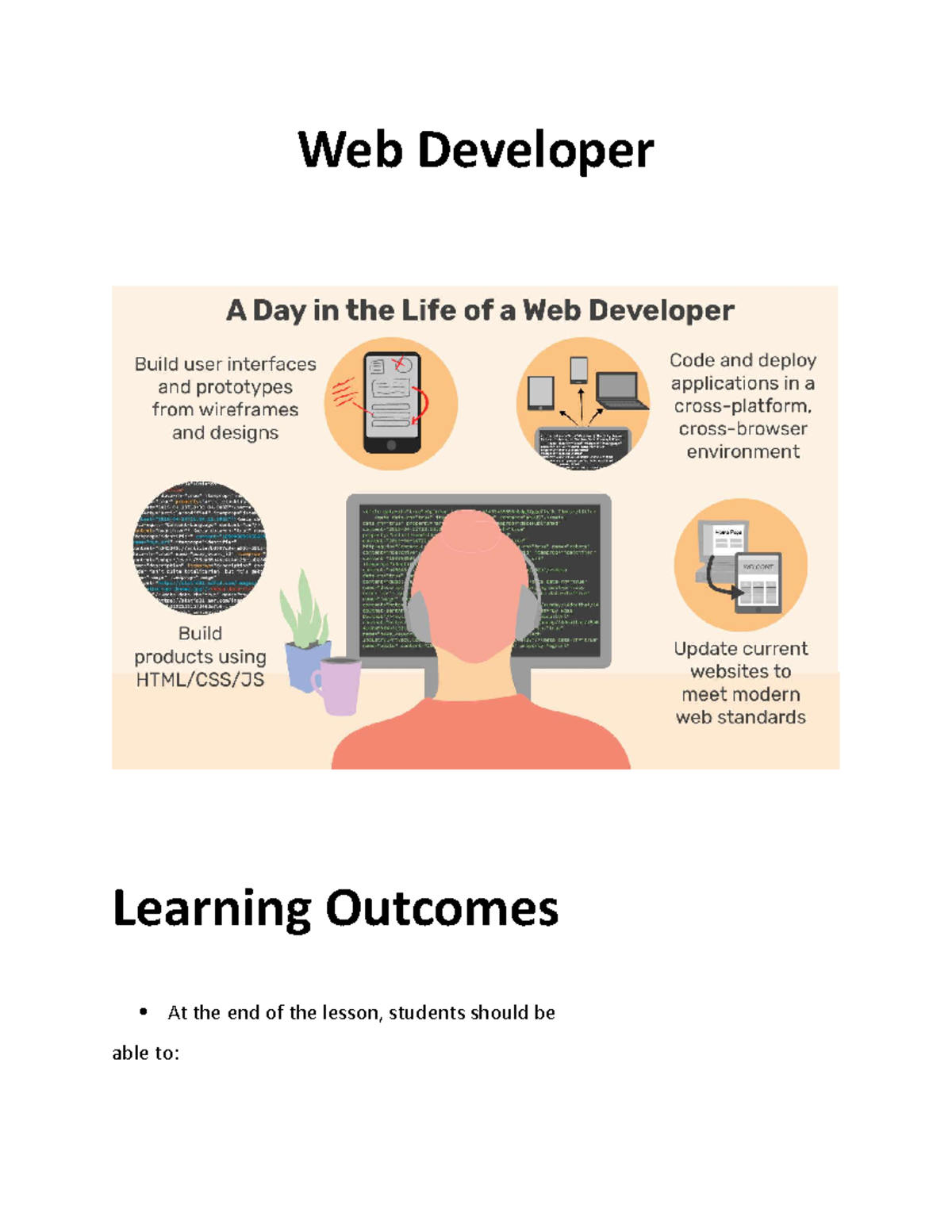 Web Developer - Web Developer Learning Outcomes At the end of the lesson, students should be ...