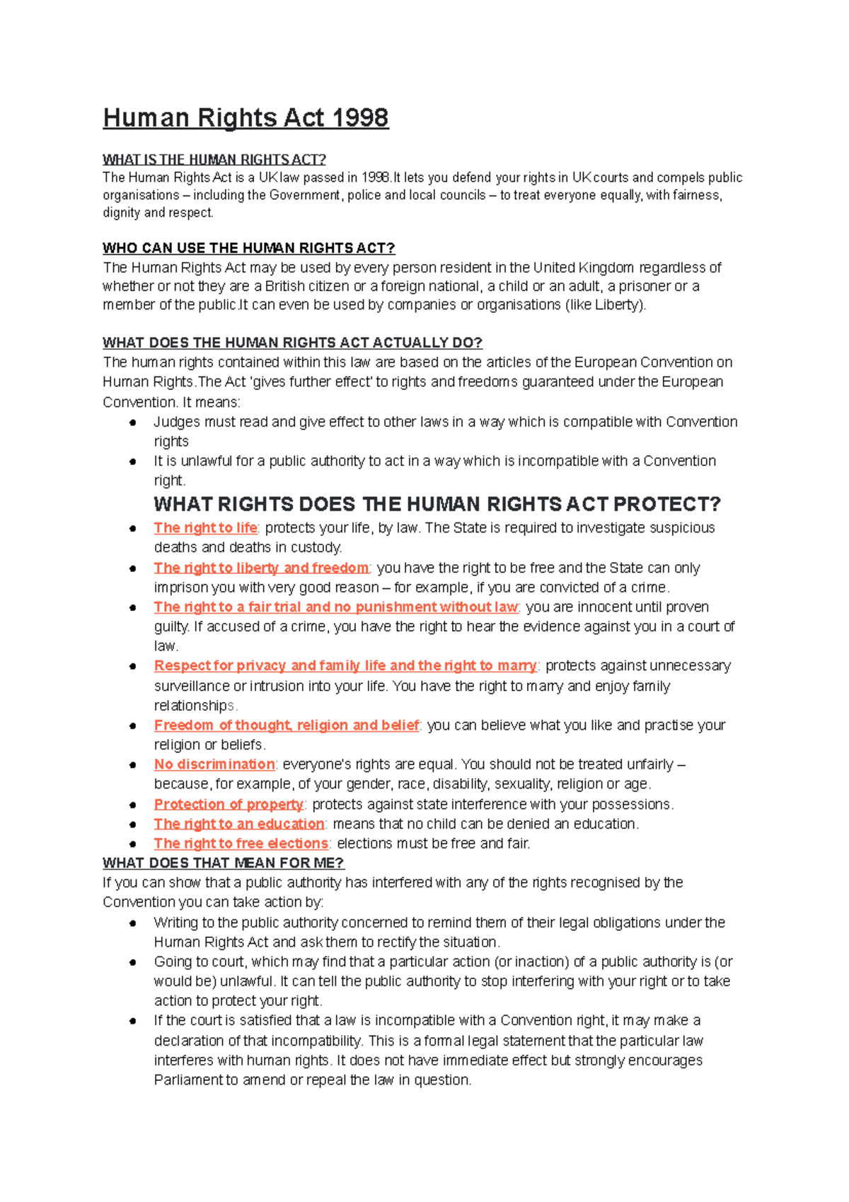 Untitled document - revision notes - Human Rights Act 1998 WHAT IS THE ...