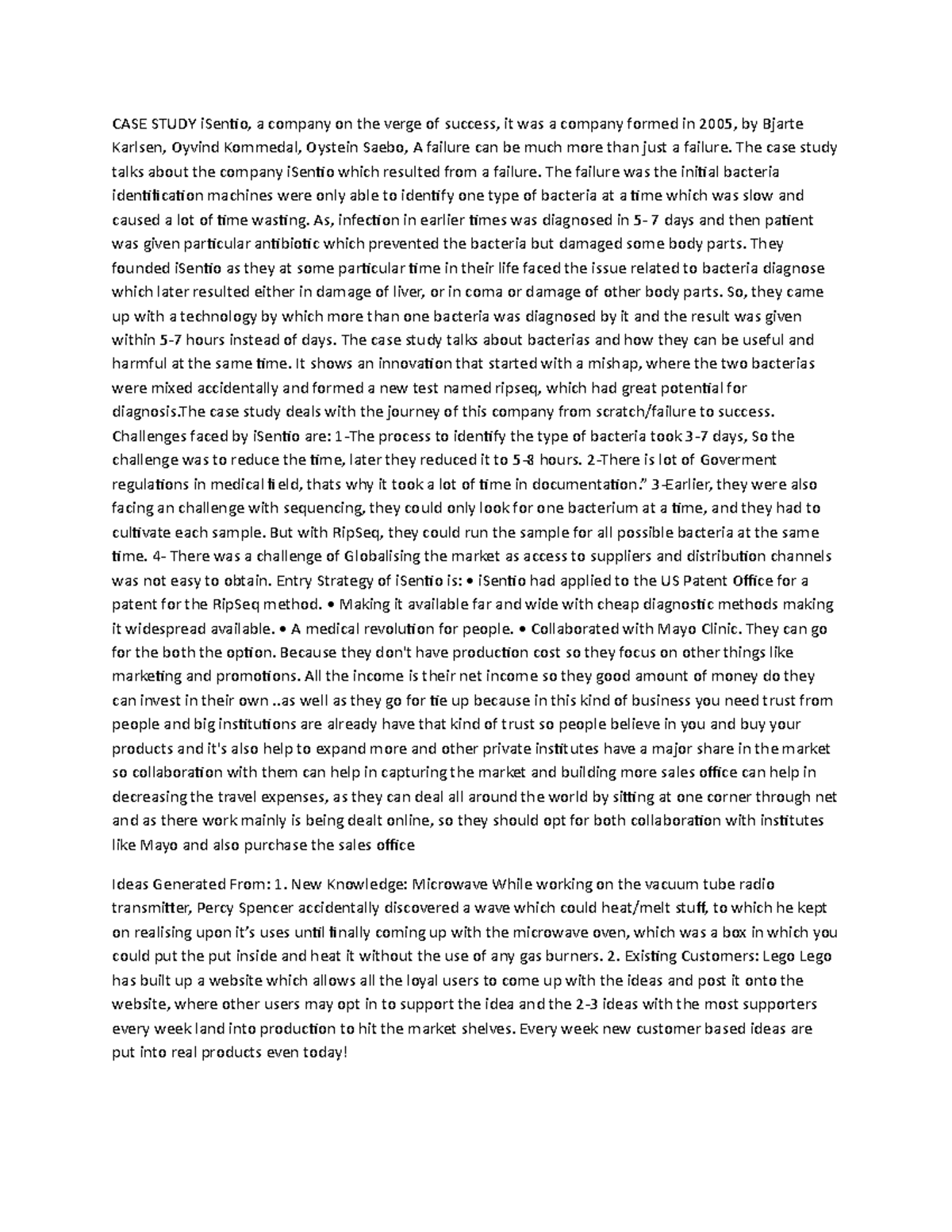 ICB - ICB CLASS NOTES AND CIA - CASE STUDY iSentio, a company on the ...