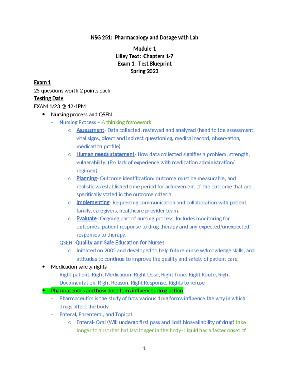 NSG 251 Exam 1 Blueprint SP23 - NSG 251: Pharmacology and Dosage with ...