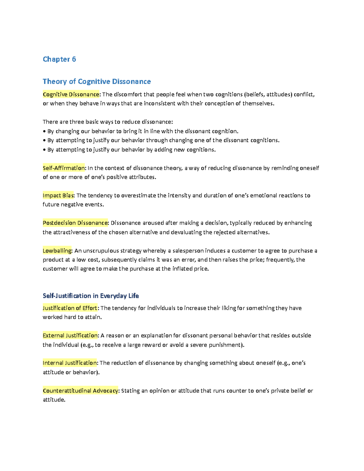 Ch 6-social textbook notes - Chapter 6 Theory of Cognitive Dissonance ...