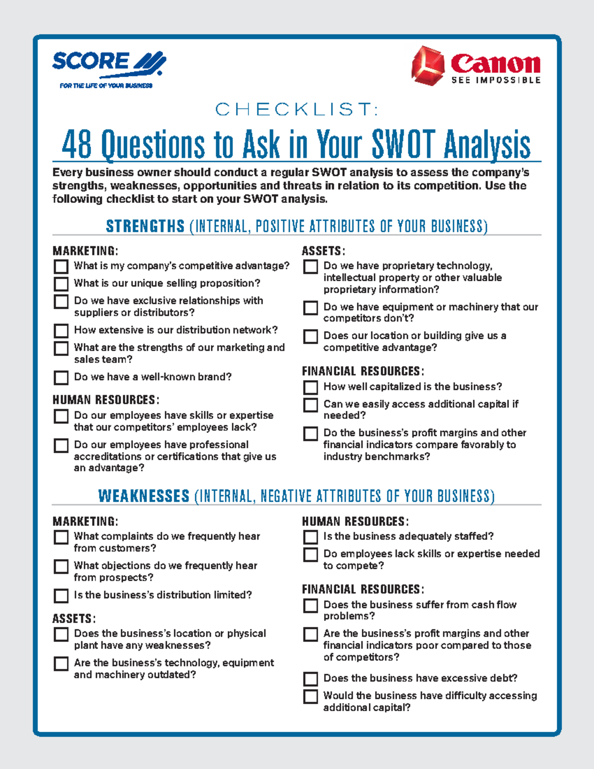 Score Canon Questions to Ask in Your SWOT Analysis checklist - C H E C ...