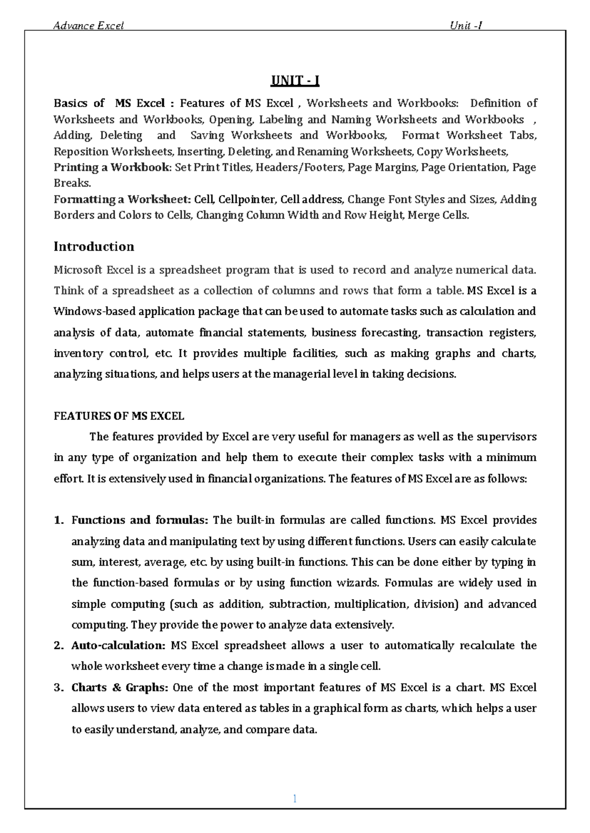 Advance Excel Notes - UNIT - I Basics of MS Excel : Features of MS ...