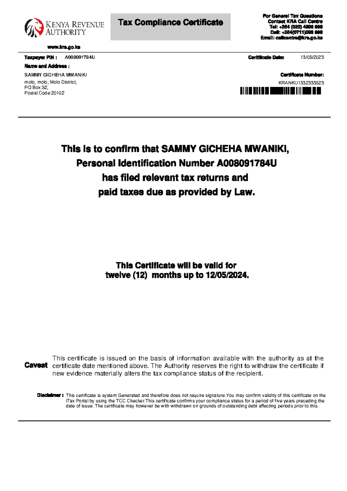Tax Compliance Certificate - For General Tax Questions Contact KRA Call ...