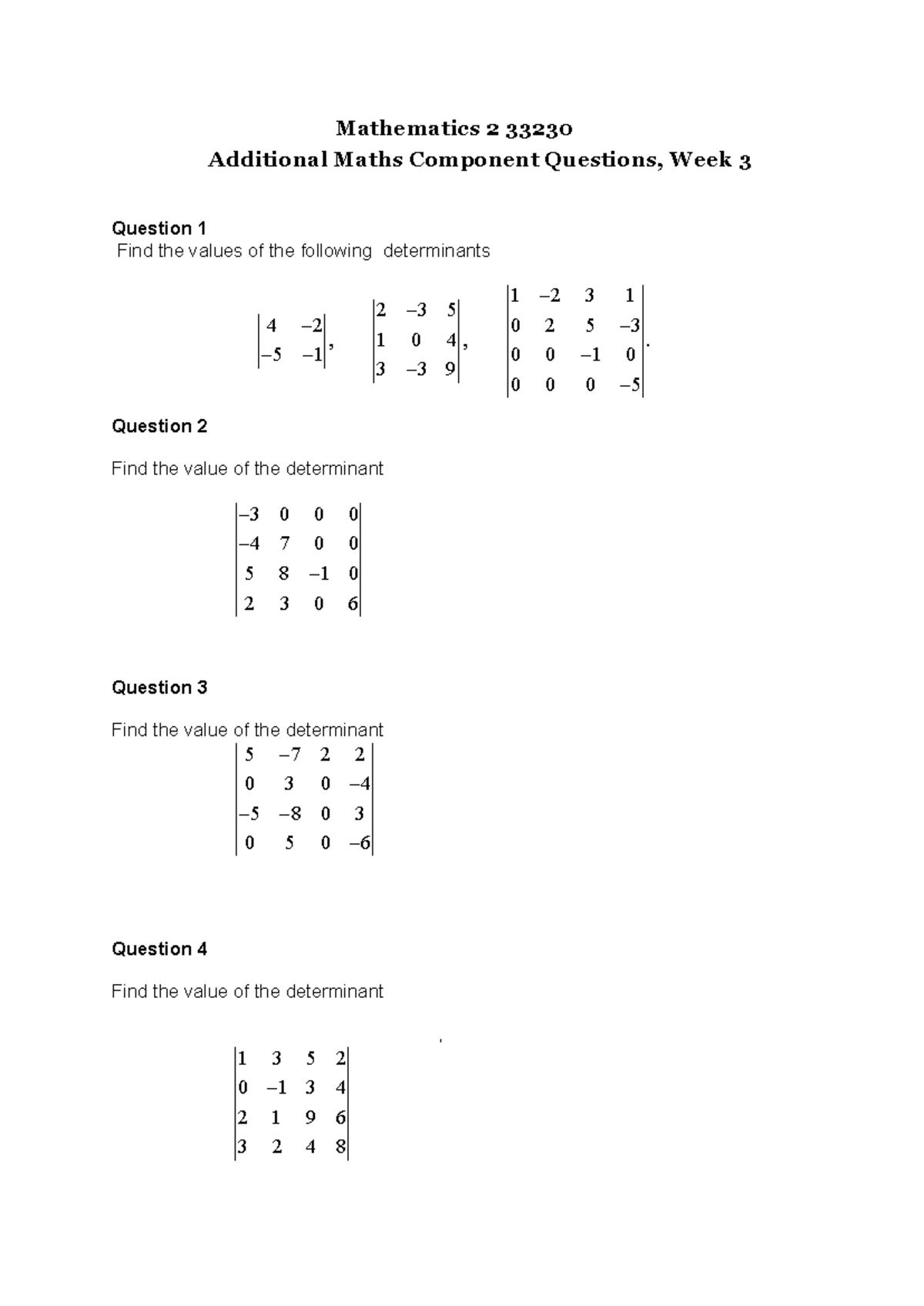 Week3 Maths additional questions - Mathematics 2 33230 Additional Maths ...