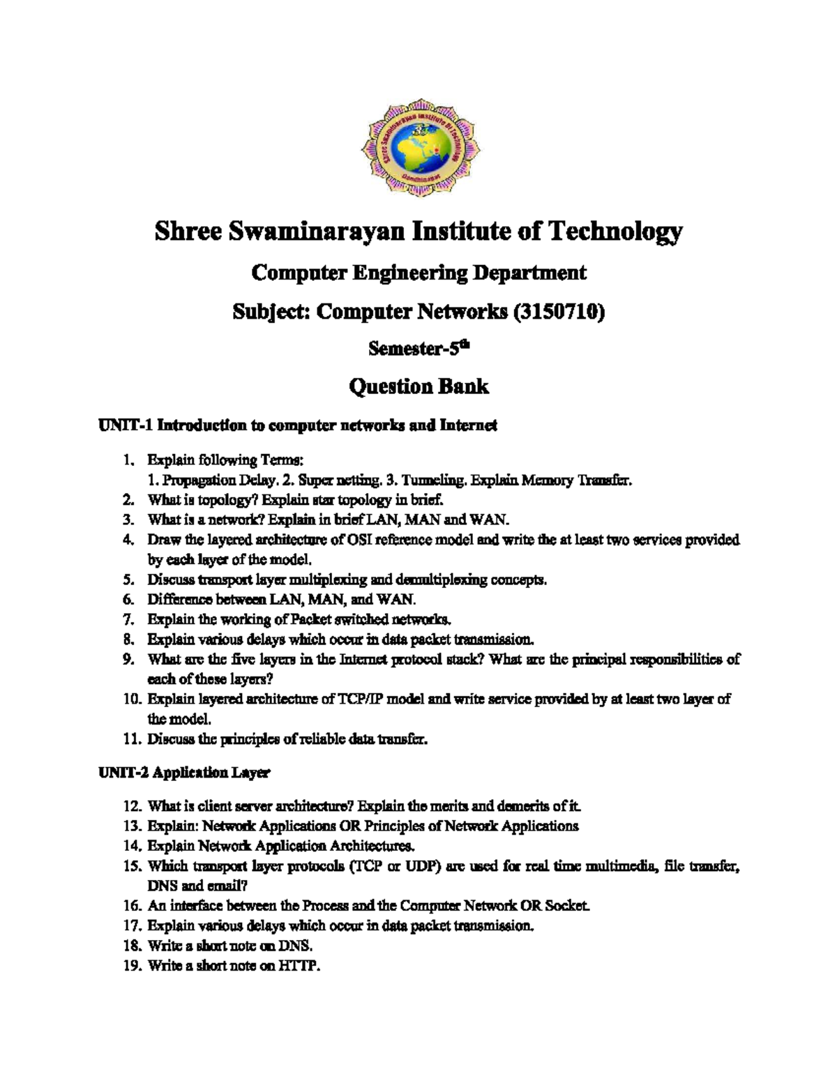 Question BANK - nothing - Computer Network - Studocu