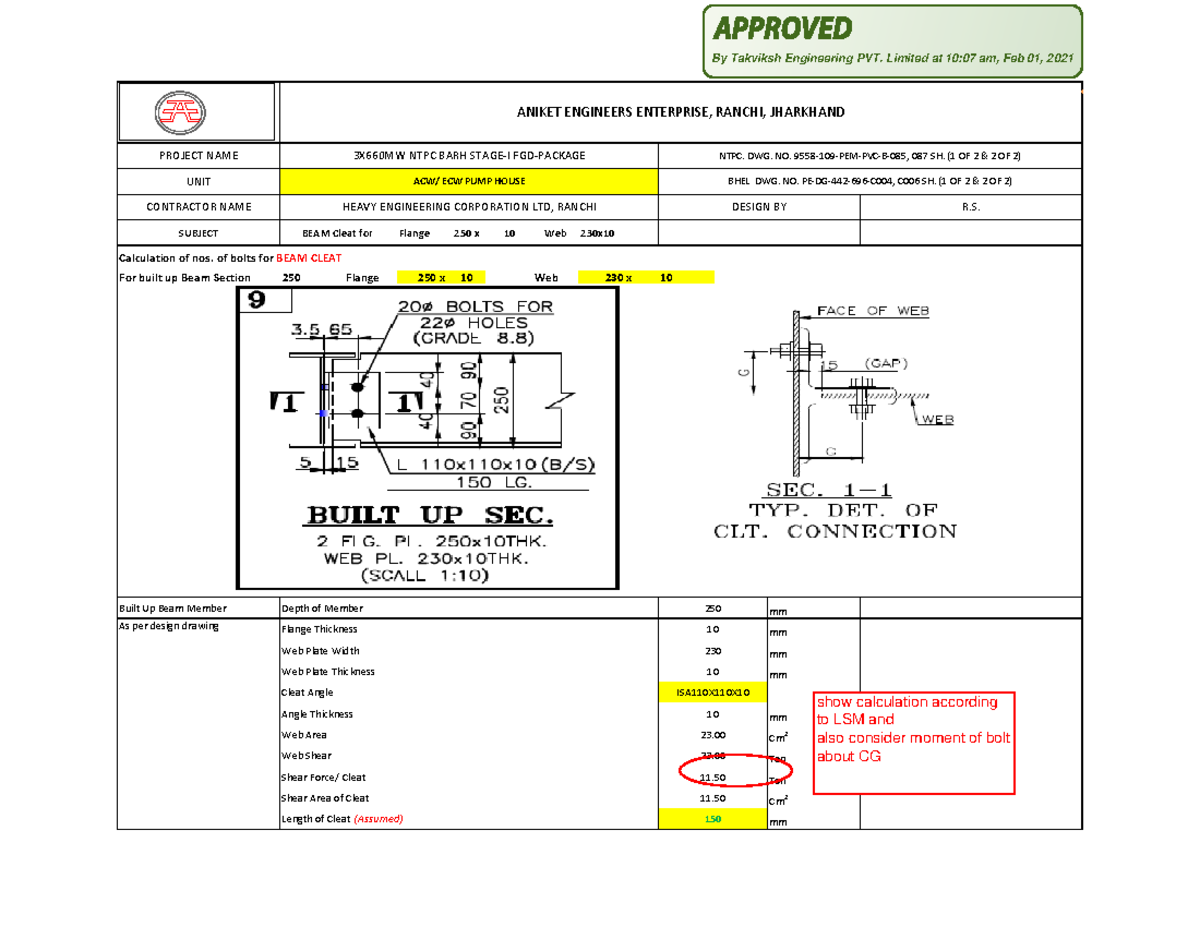 Connection Design Calculation FOR ACW-ECW PUMP House comment by PEM to ...