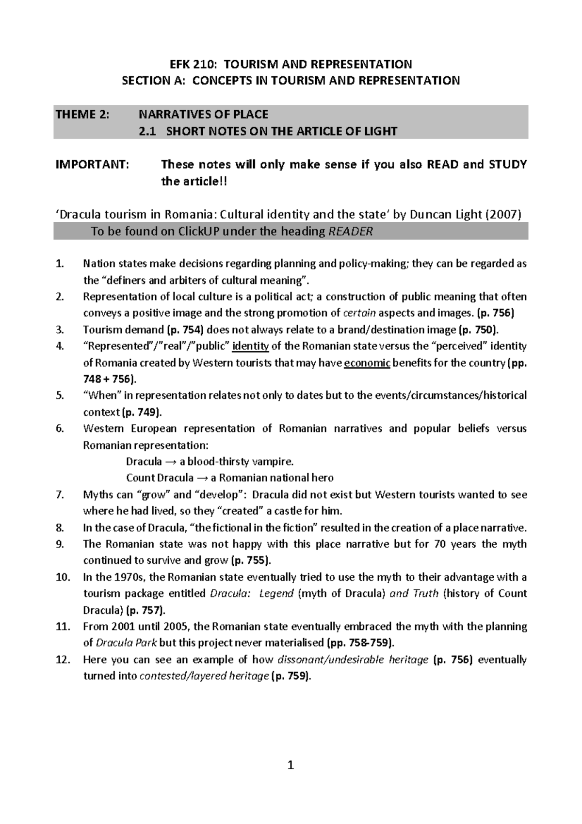 EFK210 Theme 2 Framework Light Article 2022 - EFK 210: TOURISM AND ...