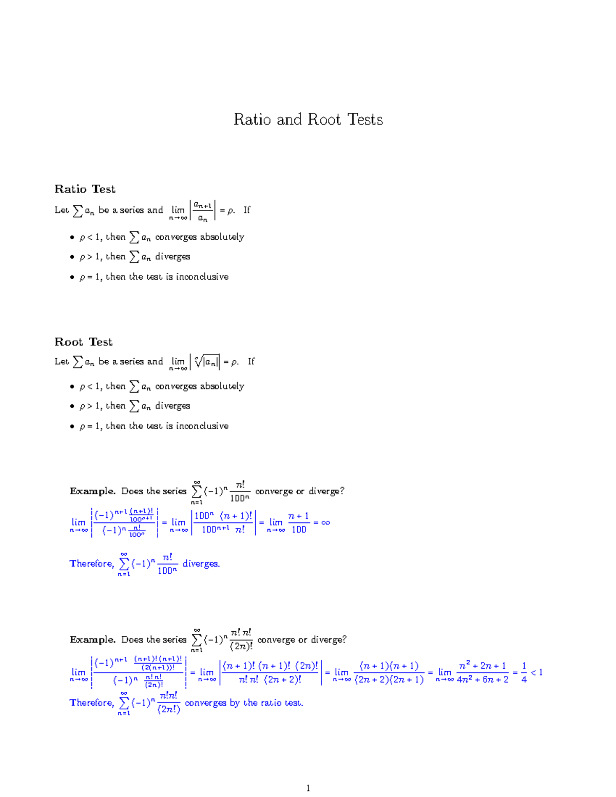 Lesson 13 Ratio and Root Tests (Solutions) - Ratio and Root Tests Ratio ...