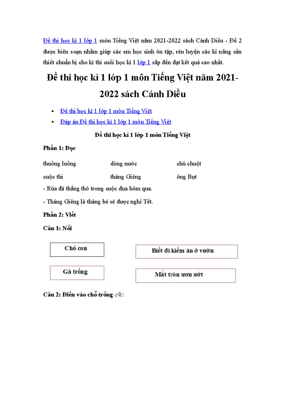 De thi hoc ki 1 lop 1 mon tieng viet canh dieu de 2 - Đề thi học kì 1 lớp 1 môn Tiếng Việt năm ...