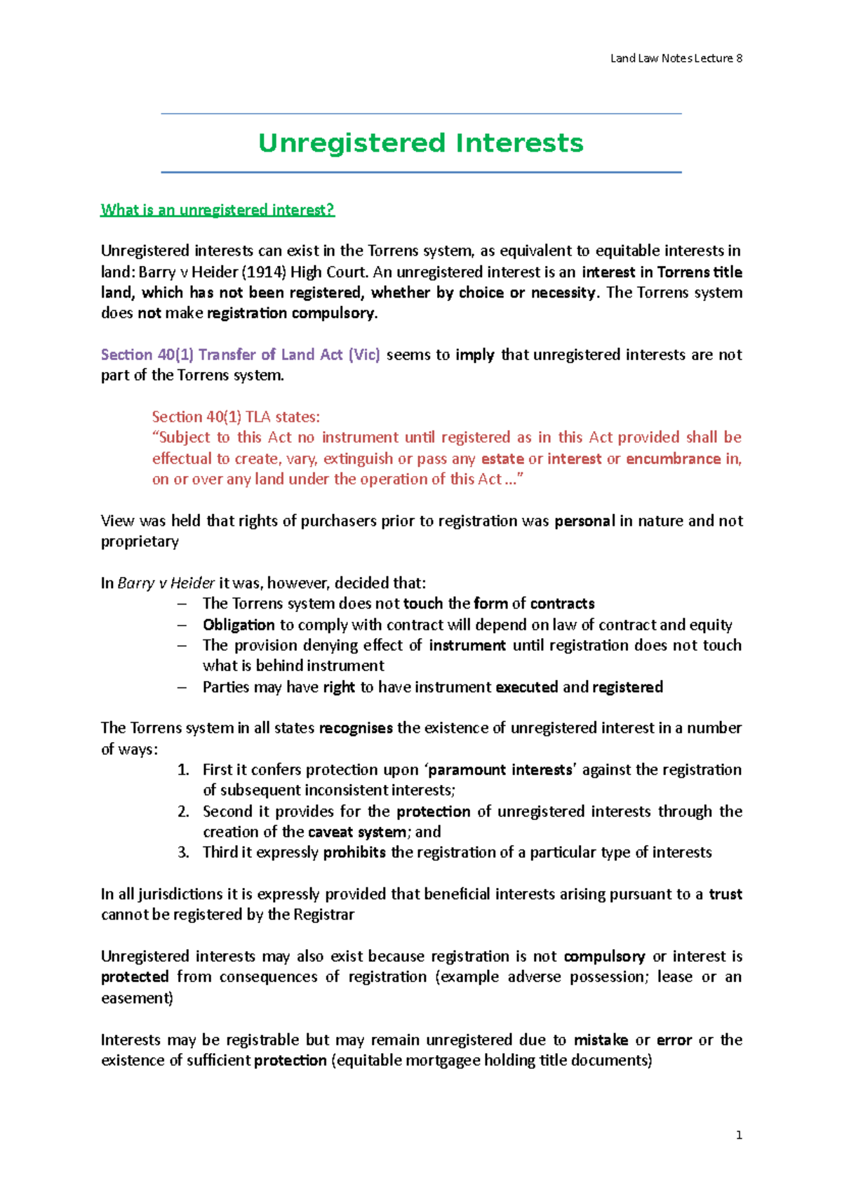 Lecture Notes 8 - Unregistered Interests - Unregistered Interests What ...