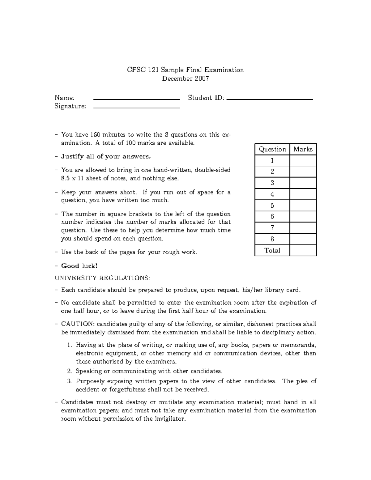 Cs121 2007 t1 sample final - CPSC 121 Sample Final Examination December ...
