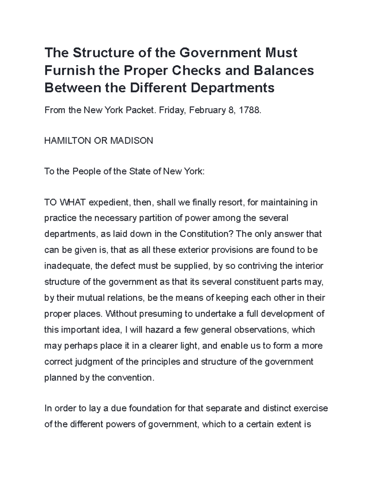 Federalist No. 51 - The Structure of the Government Must Furnish the ...