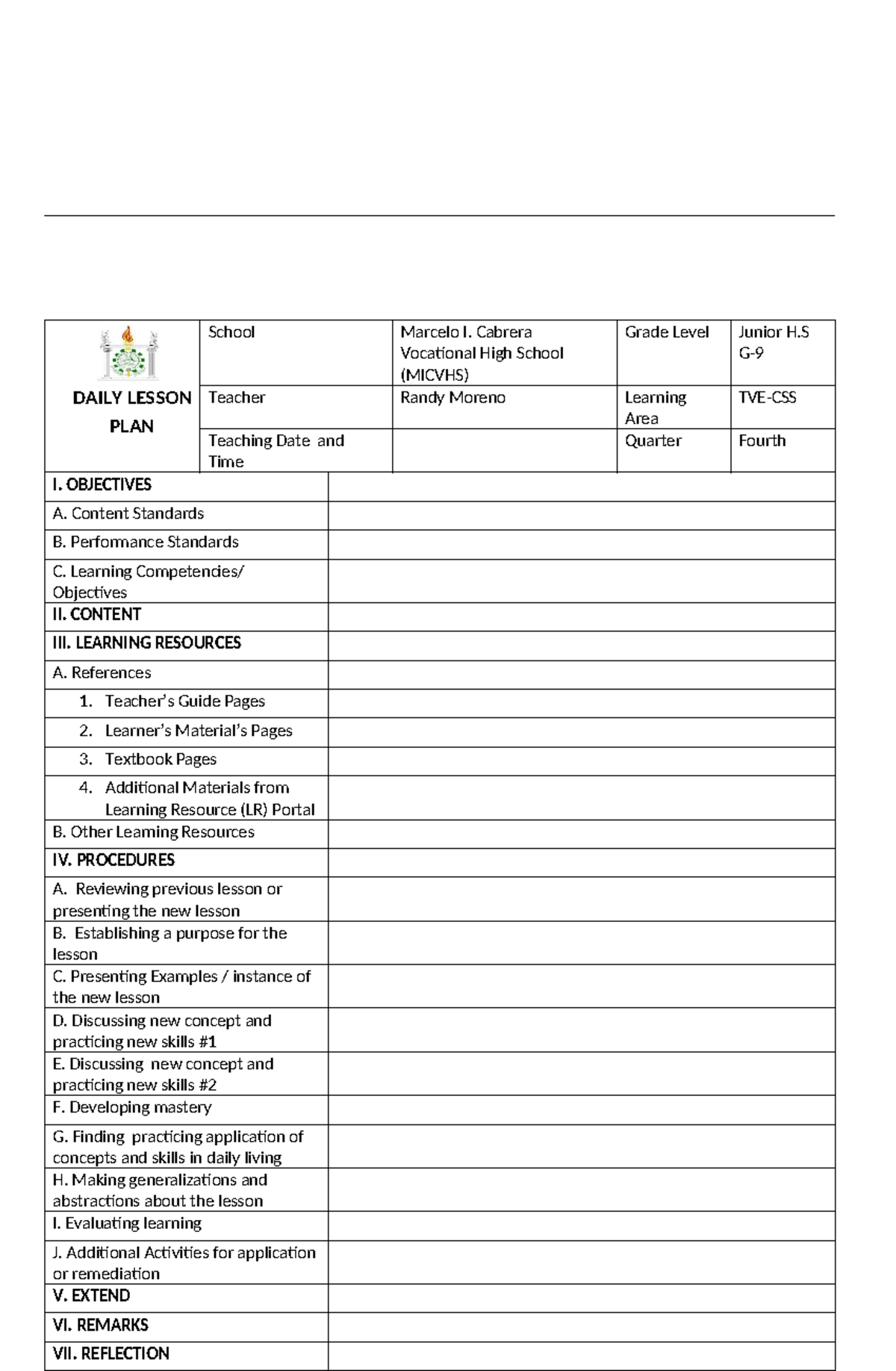 Detailed lesson plan - School Marcelo I. Cabrera Vocational High School ...