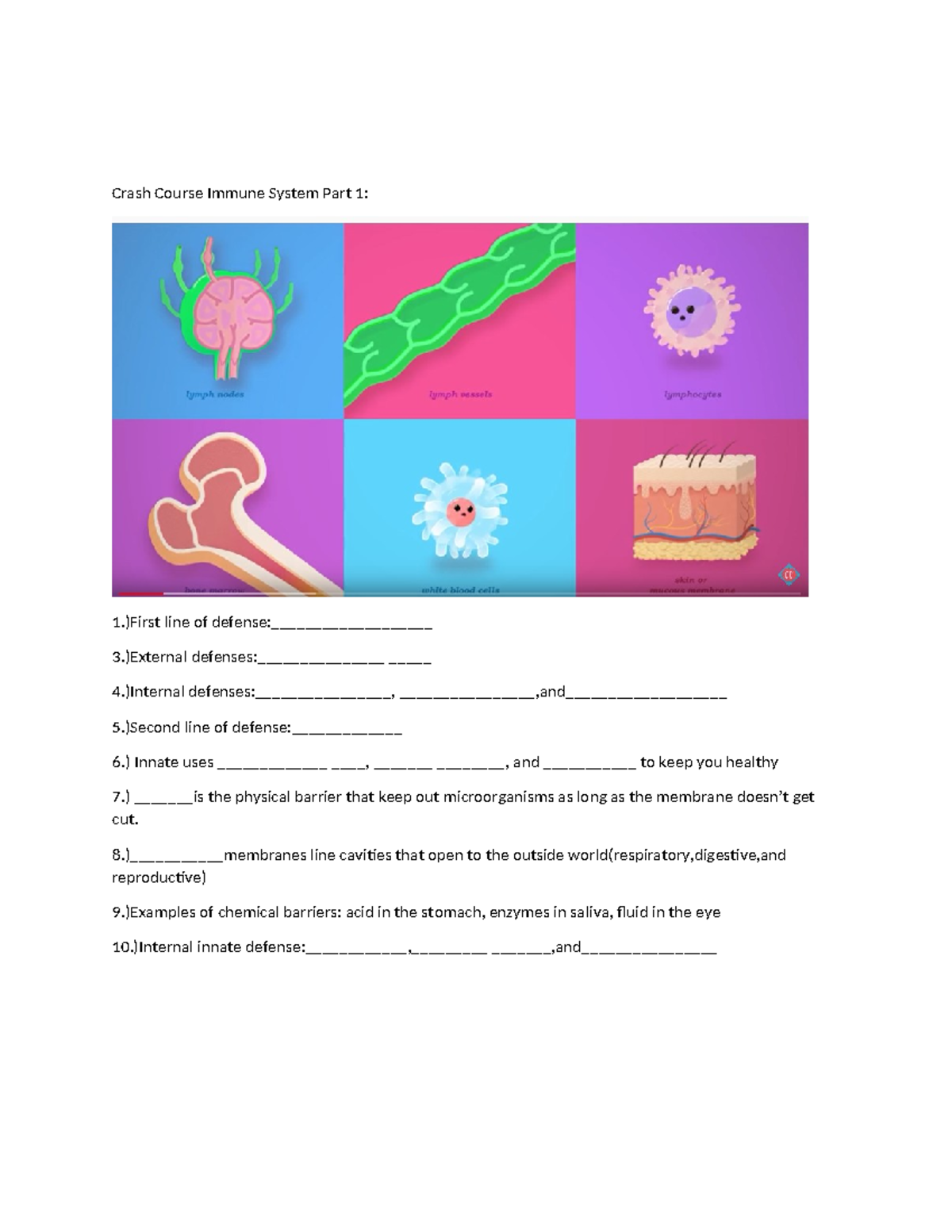 Blank Handout- Crash Course Immunology Parts 1-3 - Crash Course Immune ...