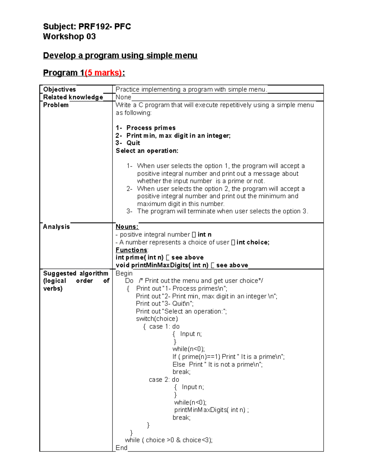Workshop 03 - code - Subject: PRF192- PFC Workshop 03 Develop a program using simple menu ...