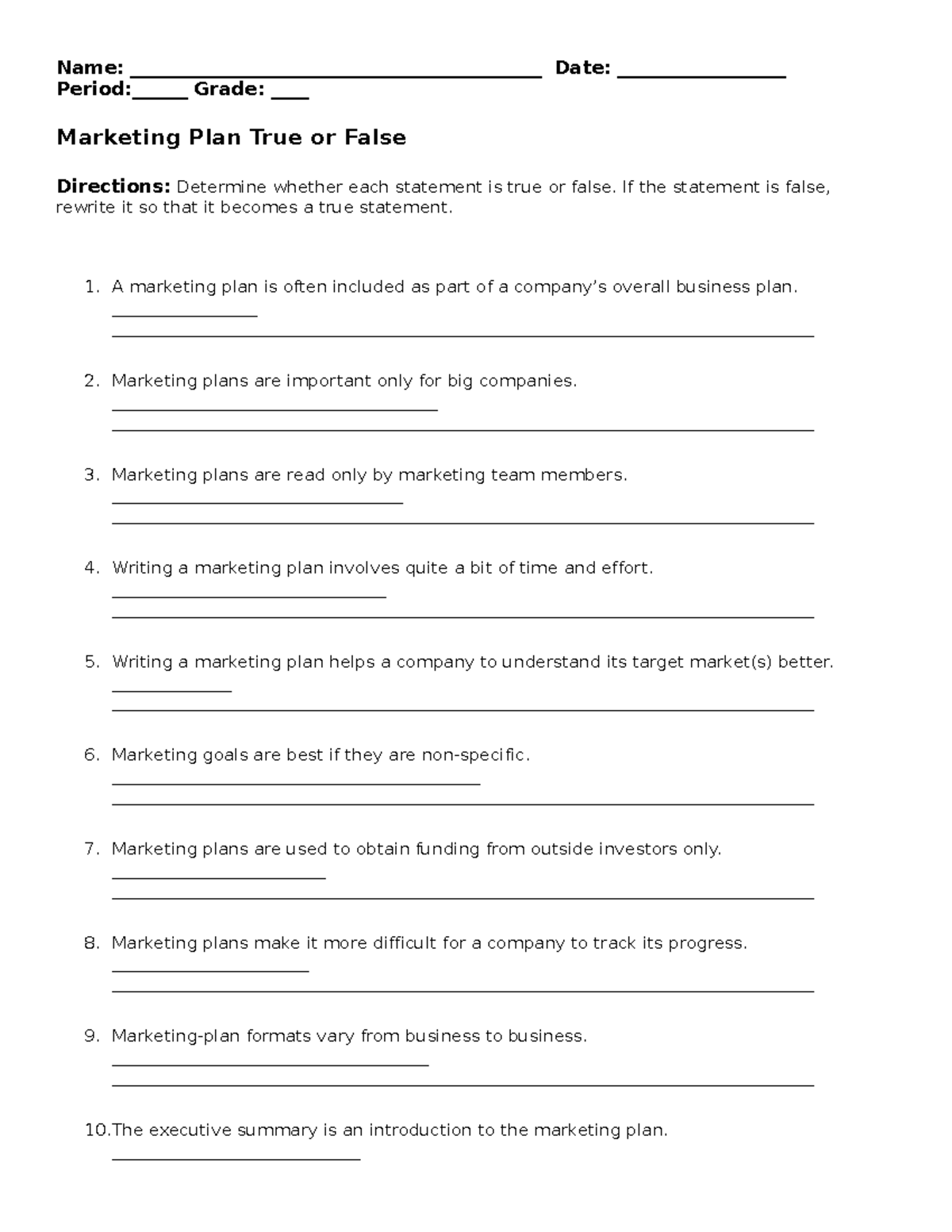 Marketing Plan True or False - Name ...