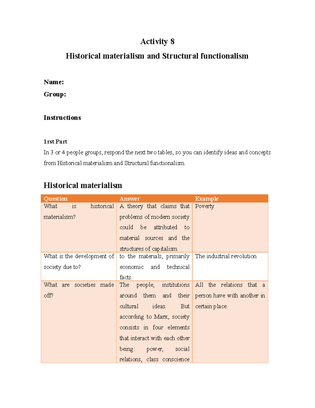 Activity 8 human - Trabajo - Activity 8 Historical materialism and ...